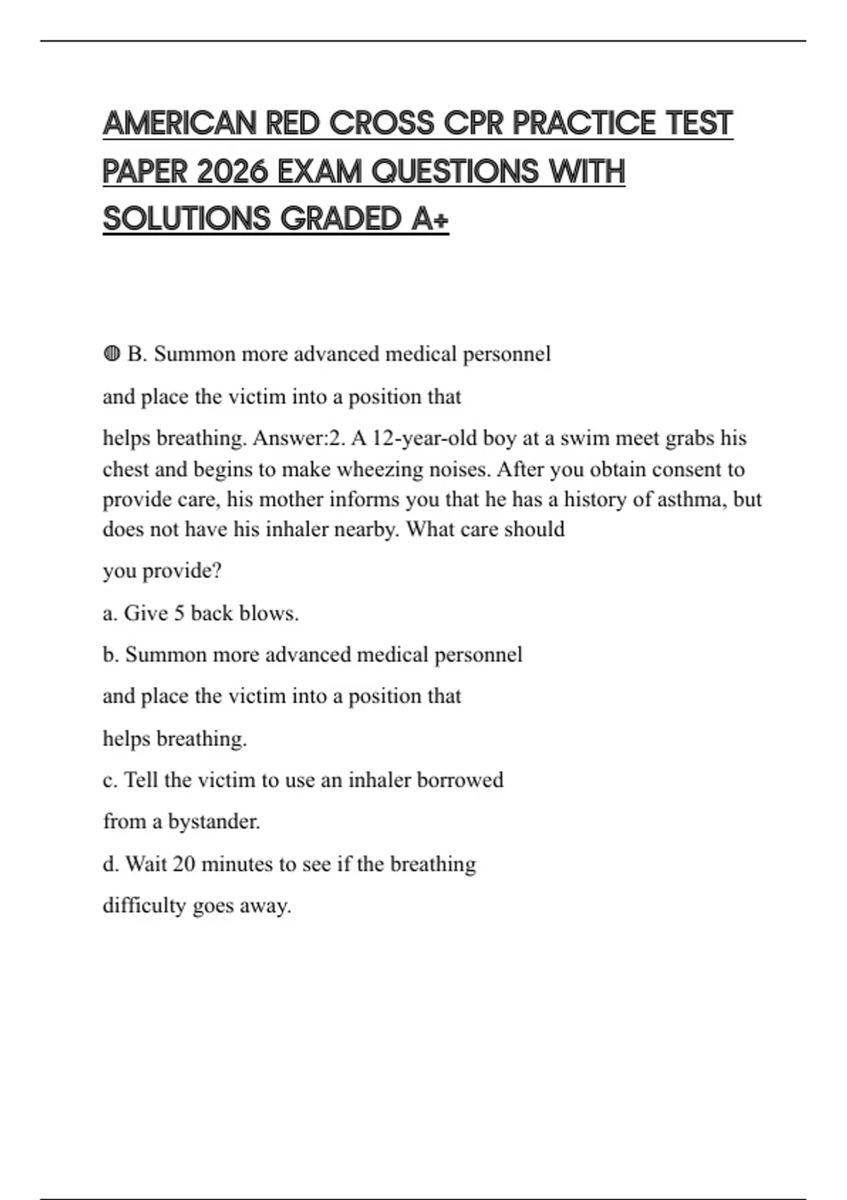 AMERICAN RED CROSS CPR PRACTICE TEST PAPER 2026 EXAM QUESTIONS WITH ...