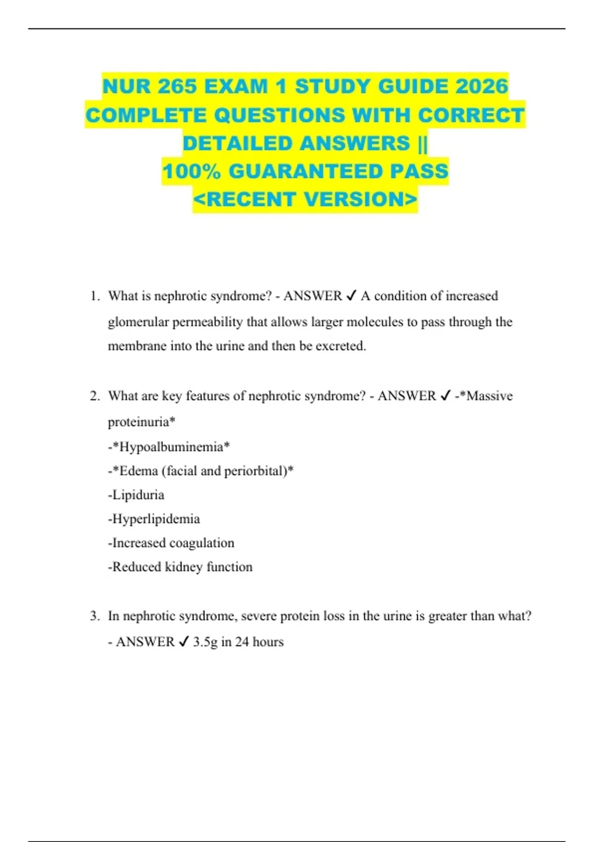 NUR 265 EXAM 1 STUDY GUIDE 2026 COMPLETE QUESTIONS WITH CORRECT ...