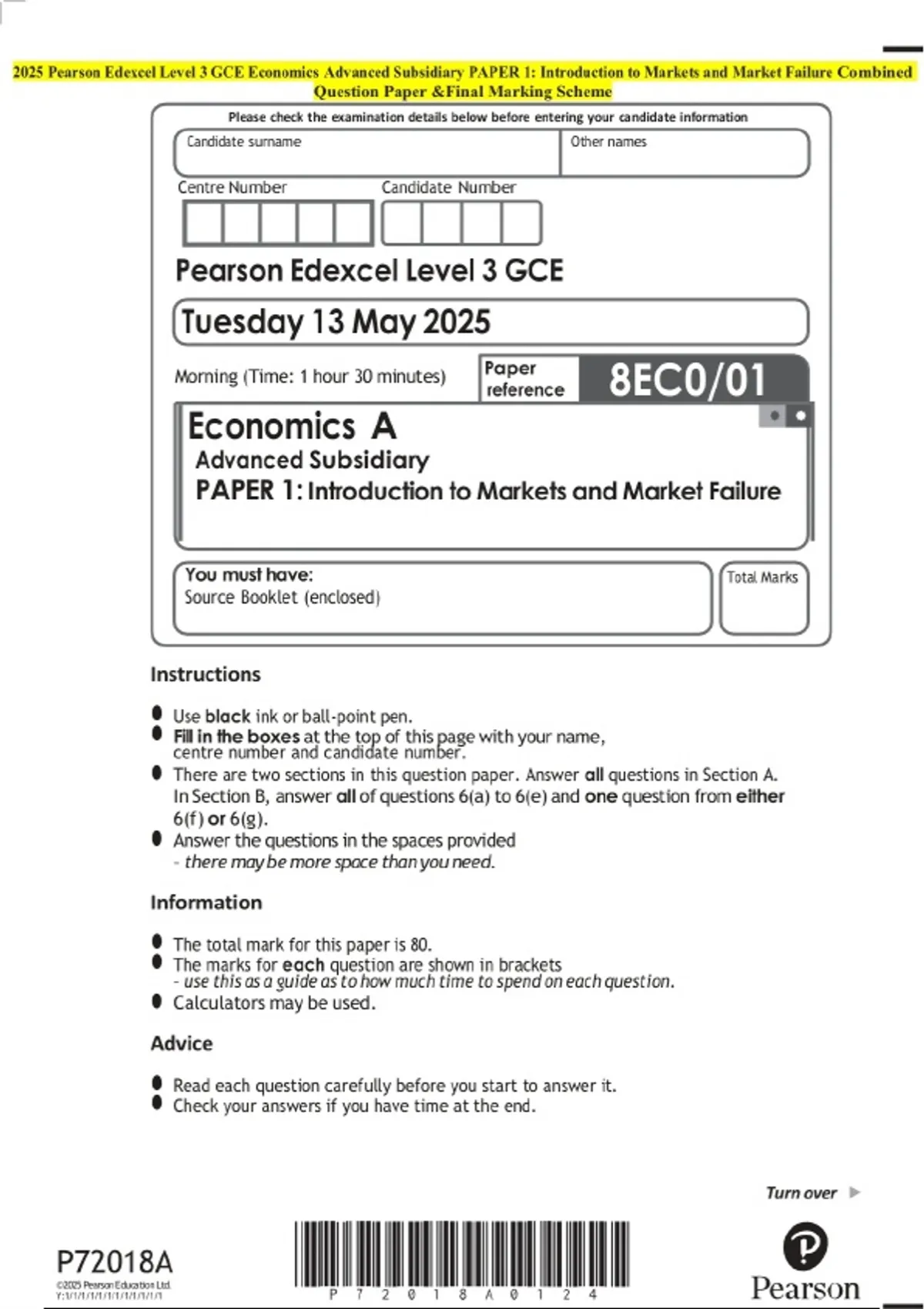 2025 Pearson Edexcel Level 3 GCE Economics Advanced Subsidiary PAPER 1 ...