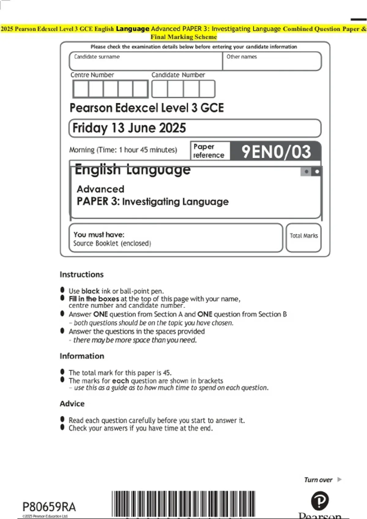 2025 Pearson Edexcel Level 3 GCE English Language Advanced PAPER 3 ...