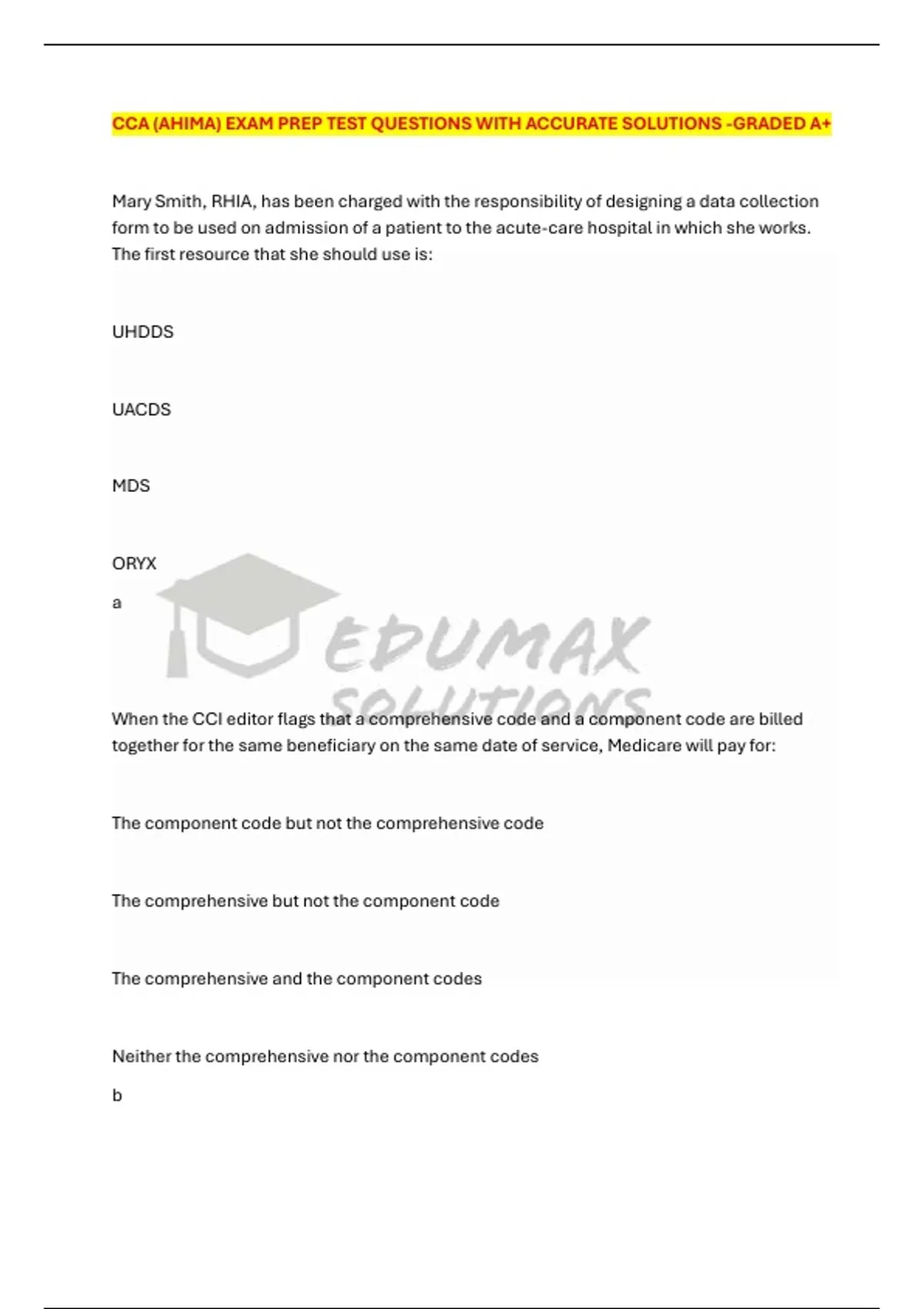 CCA (AHIMA) EXAM PREP TEST QUESTIONS WITH ACCURATE SOLUTIONS -GRADED A+ ...