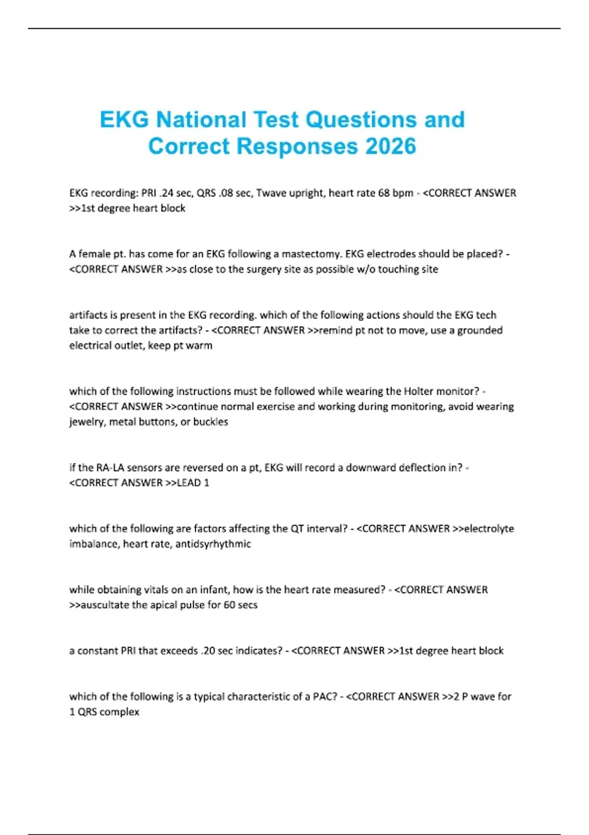 EKG National Test Questions and Correct Responses 2026 - Ekg - Stuvia US