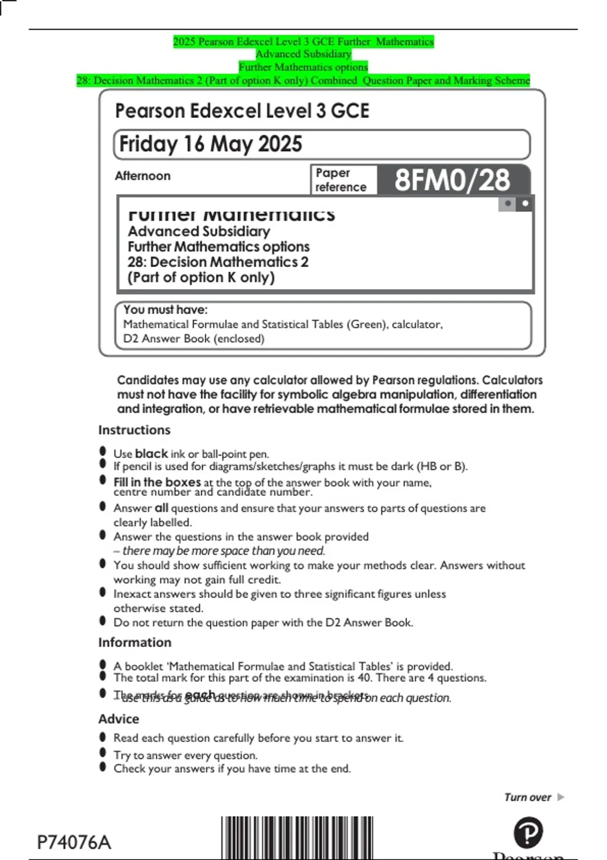 2025 Pearson Edexcel Level 3 GCE Further Mathematics Advanced Subsidiary Further Mathematics ...