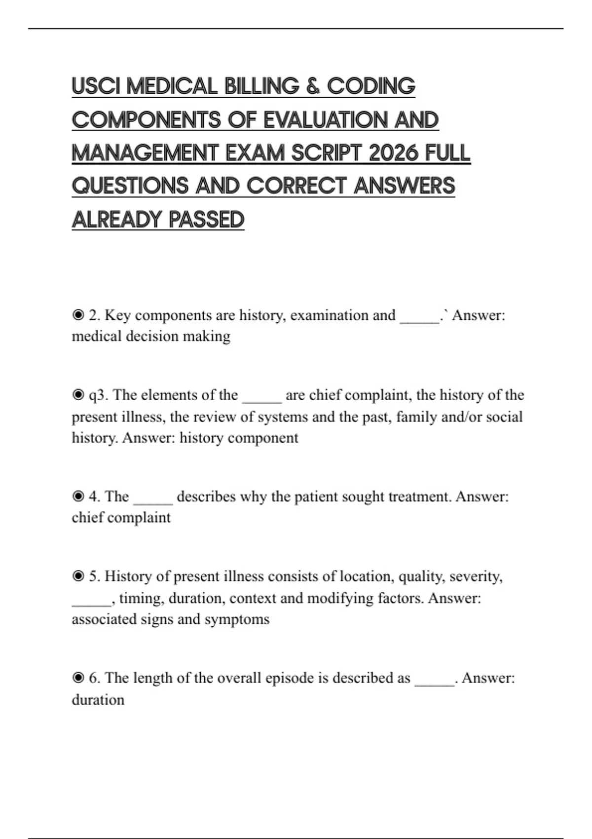USCI MEDICAL BILLING & CODING COMPONENTS OF EVALUATION AND MANAGEMENT ...