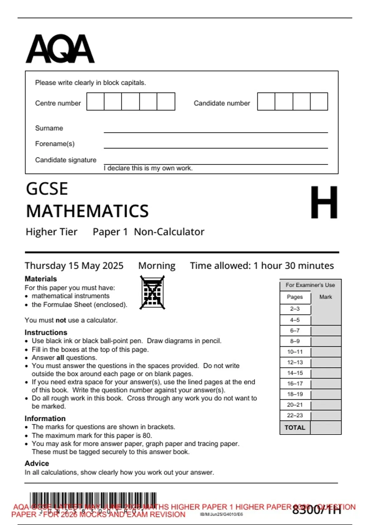 AQA GCSE LATEST MAY JUNE 2025 MATHS HIGHER PAPER 1 HIGHER PAPER 8300 ...