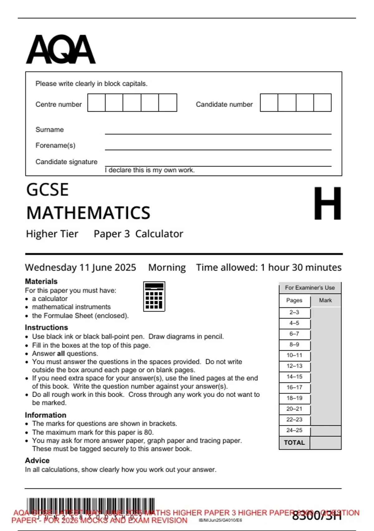 AQA GCSE LATEST MAY JUNE 2025 MATHS HIGHER PAPER 3 HIGHER PAPER 8300 ...
