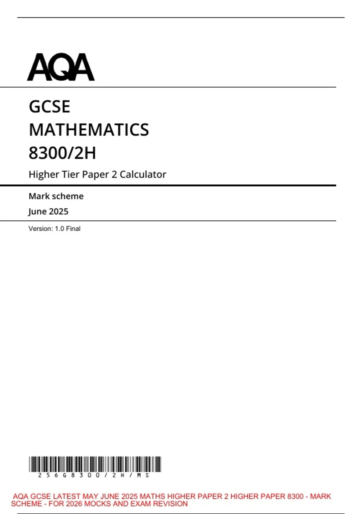 AQA GCSE LATEST MAY JUNE 2025 MATHS HIGHER PAPER 2 HIGHER PAPER 8300 ...