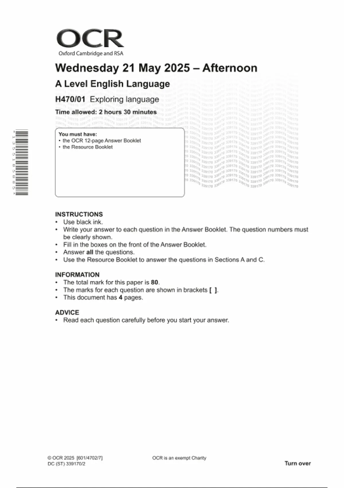 A Level English Language Paper 1 Question Paper (H470/01): Exploring ...