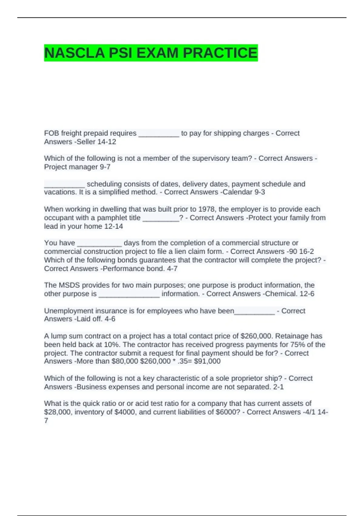 NASCLA PSI EXAM PRACTICE QUESTIONS AND ANSWERS - NASCAR - Stuvia US