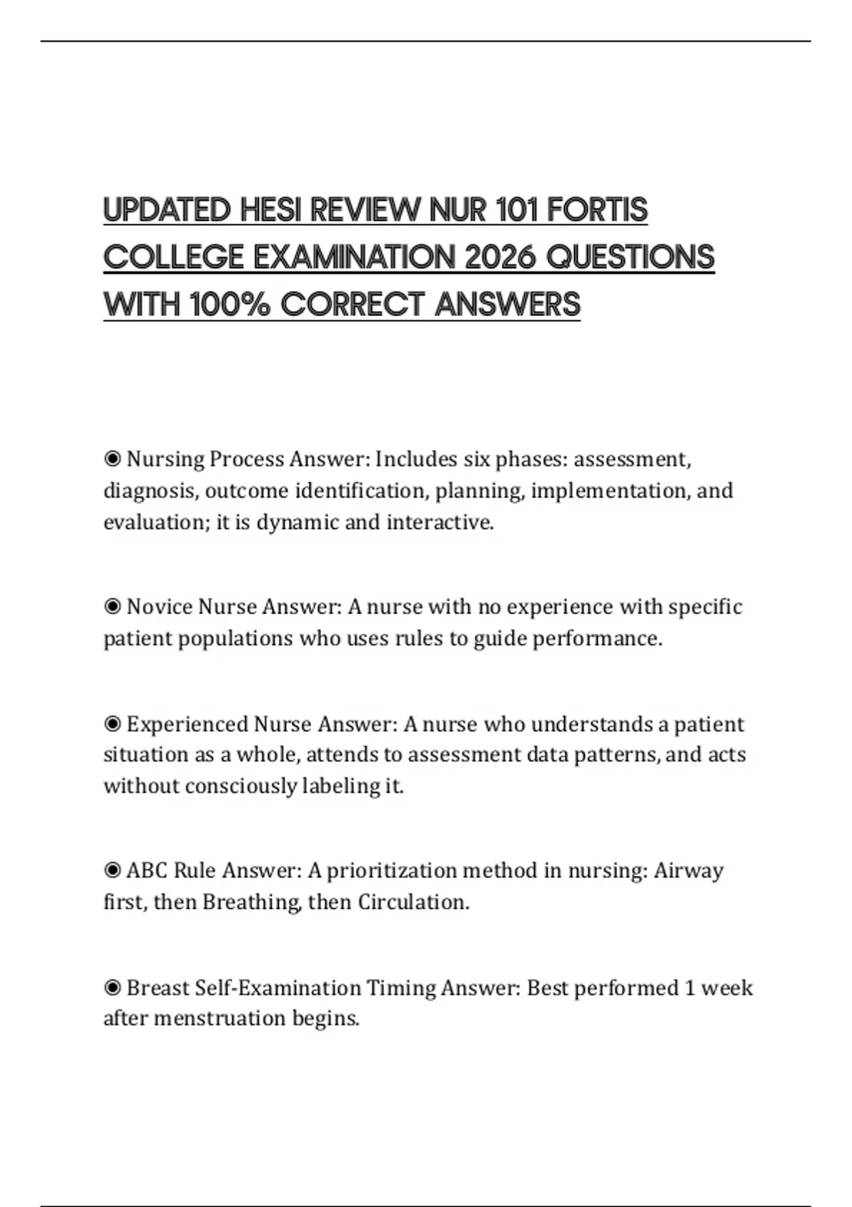UPDATED HESI REVIEW NUR 101 FORTIS COLLEGE EXAMINATION 2026 QUESTIONS ...