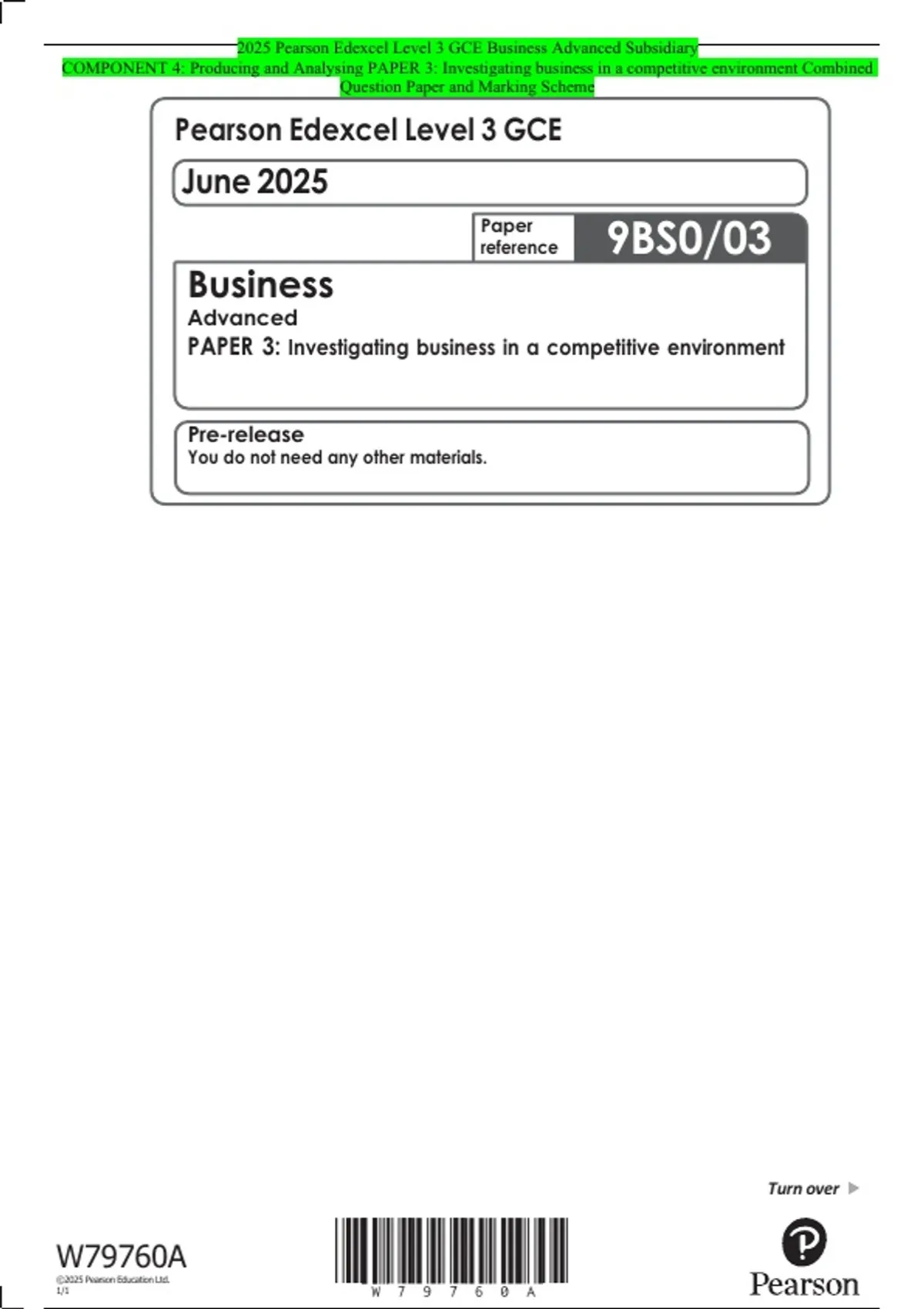 2025 Pearson Edexcel Level 3 GCE Business Advanced Subsidiary COMPONENT ...