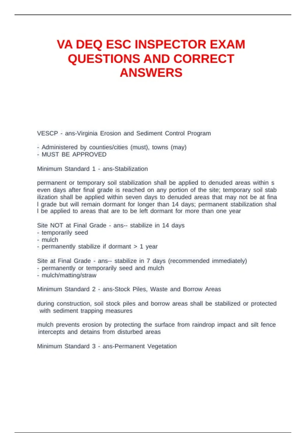 VA DEQ ESC Inspector Exam questions with answers,VA DEQ ESC Inspector ...
