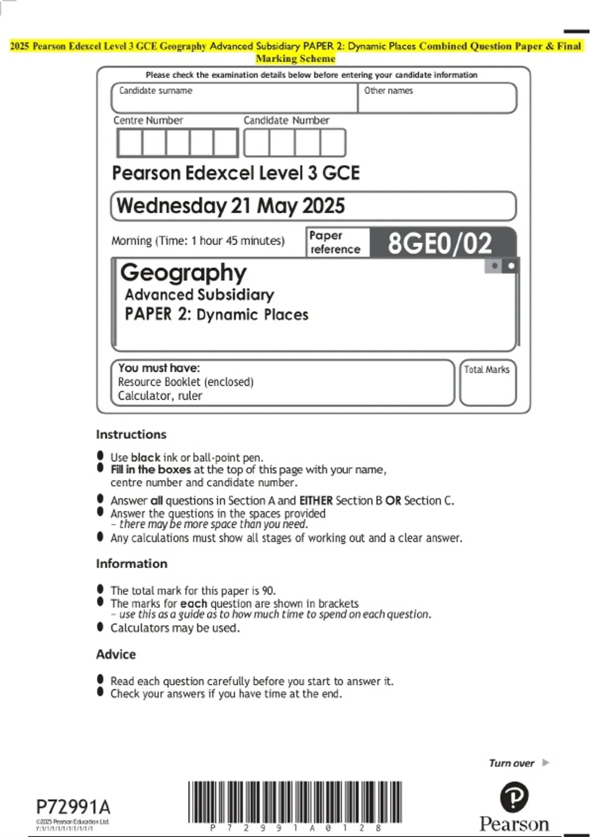 2025 Pearson Edexcel Level 3 GCE Geography Advanced Subsidiary PAPER 2 ...