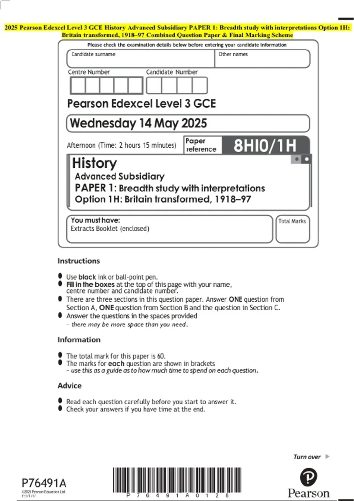 2025 Pearson Edexcel Level 3 GCE History Advanced Subsidiary PAPER 1 ...