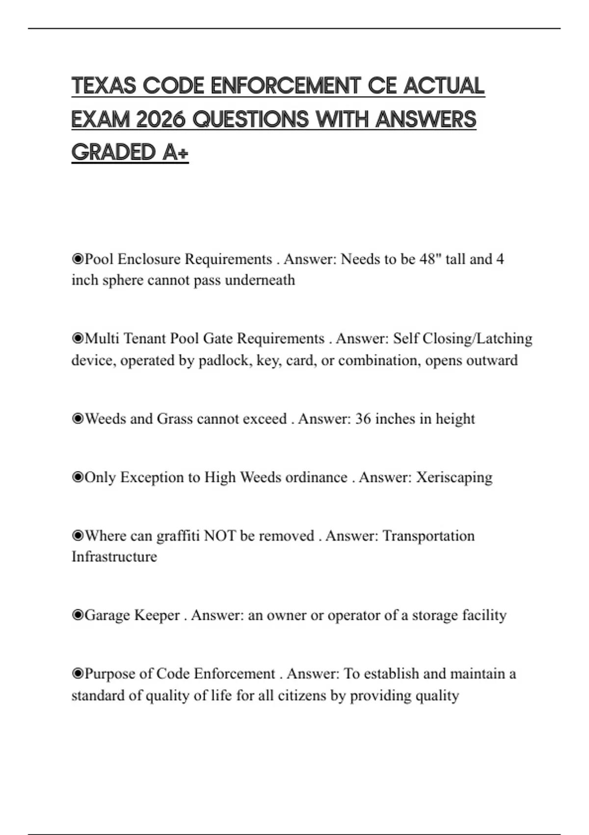 TEXAS CODE ENFORCEMENT CE ACTUAL EXAM 2026 QUESTIONS WITH ANSWERS ...