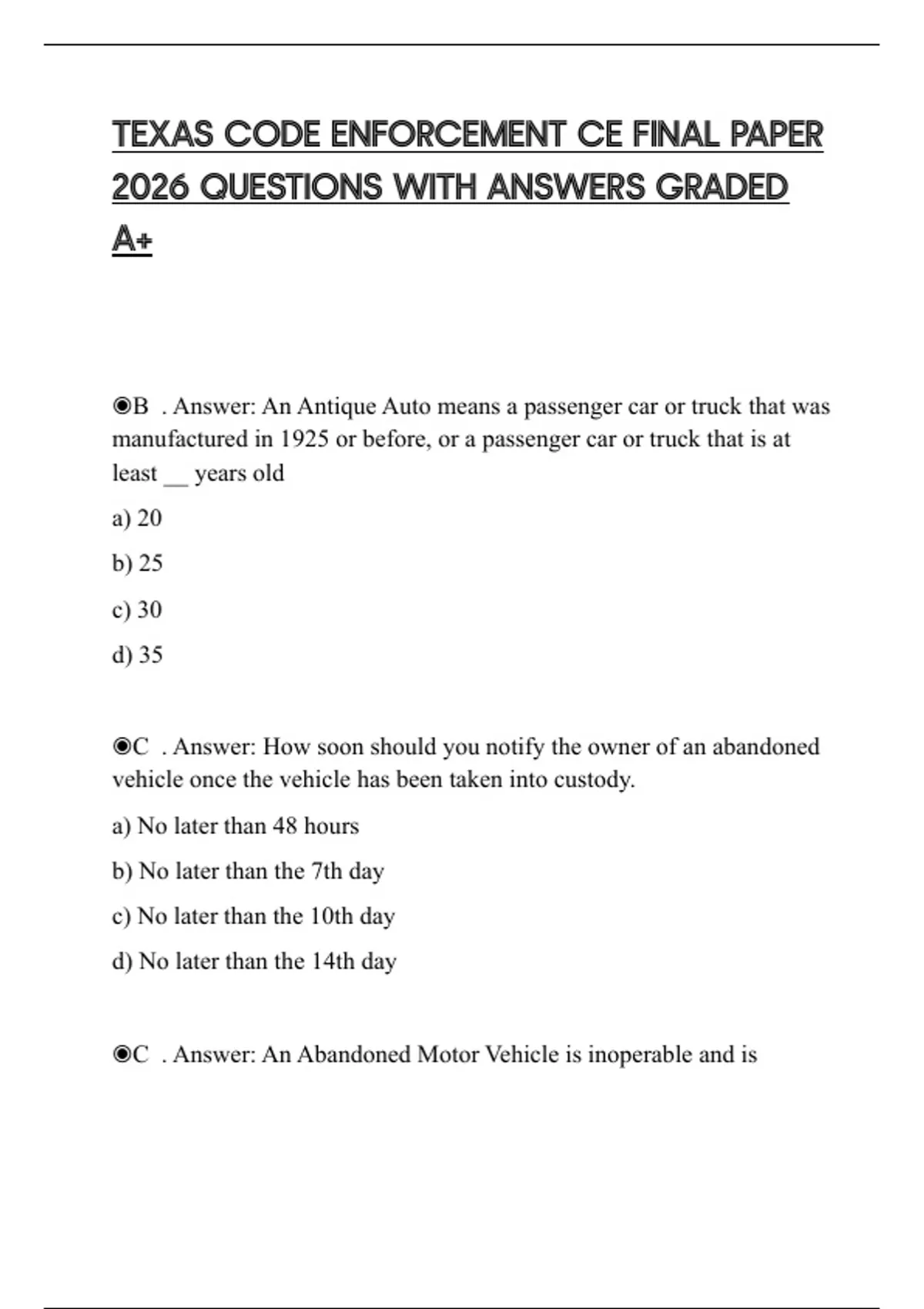 TEXAS CODE ENFORCEMENT CE FINAL PAPER 2026 QUESTIONS WITH ANSWERS ...