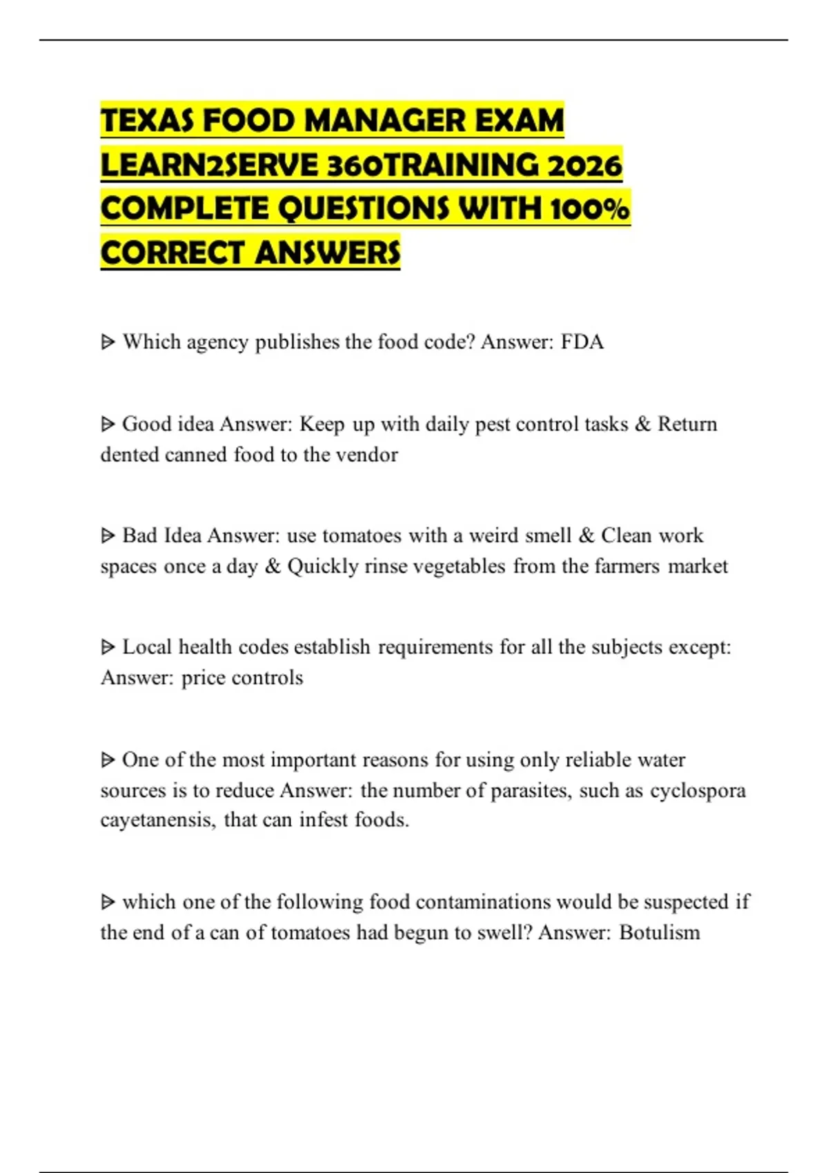 TEXAS FOOD MANAGER EXAM LEARN2SERVE 360TRAINING 2026 COMPLETE QUESTIONS ...