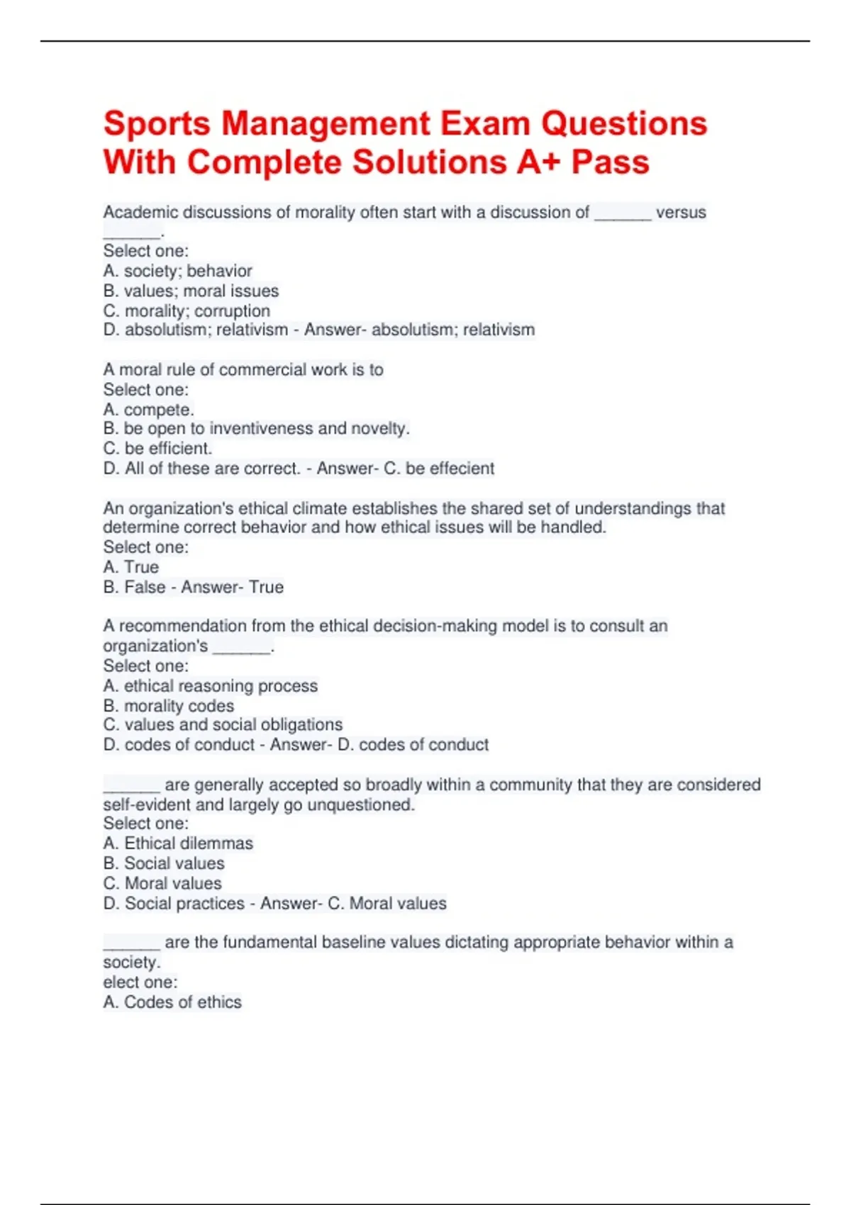 Sports Management Exam Questions With Complete Solutions A+ Pass ...
