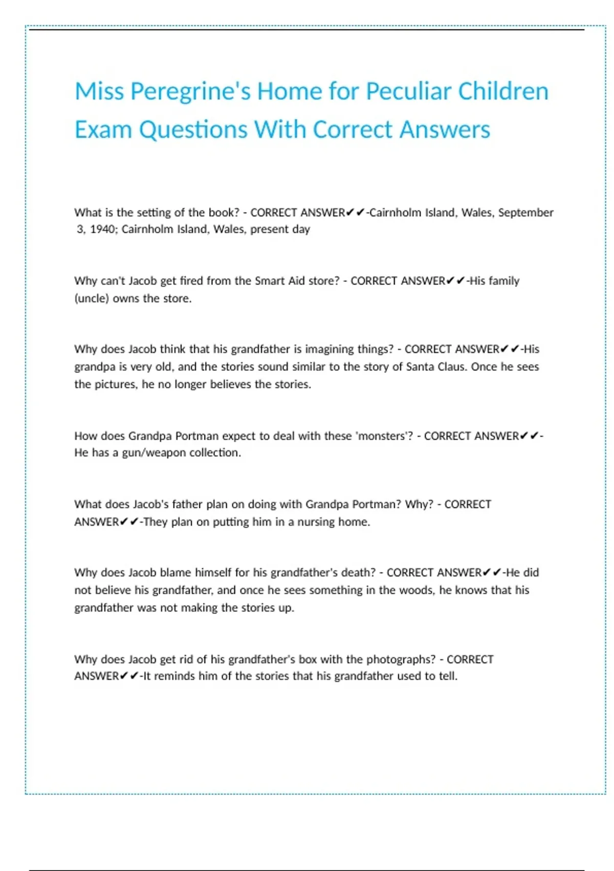 Miss Peregrine-s Home for Peculiar Children Exam Questions With Correct ...