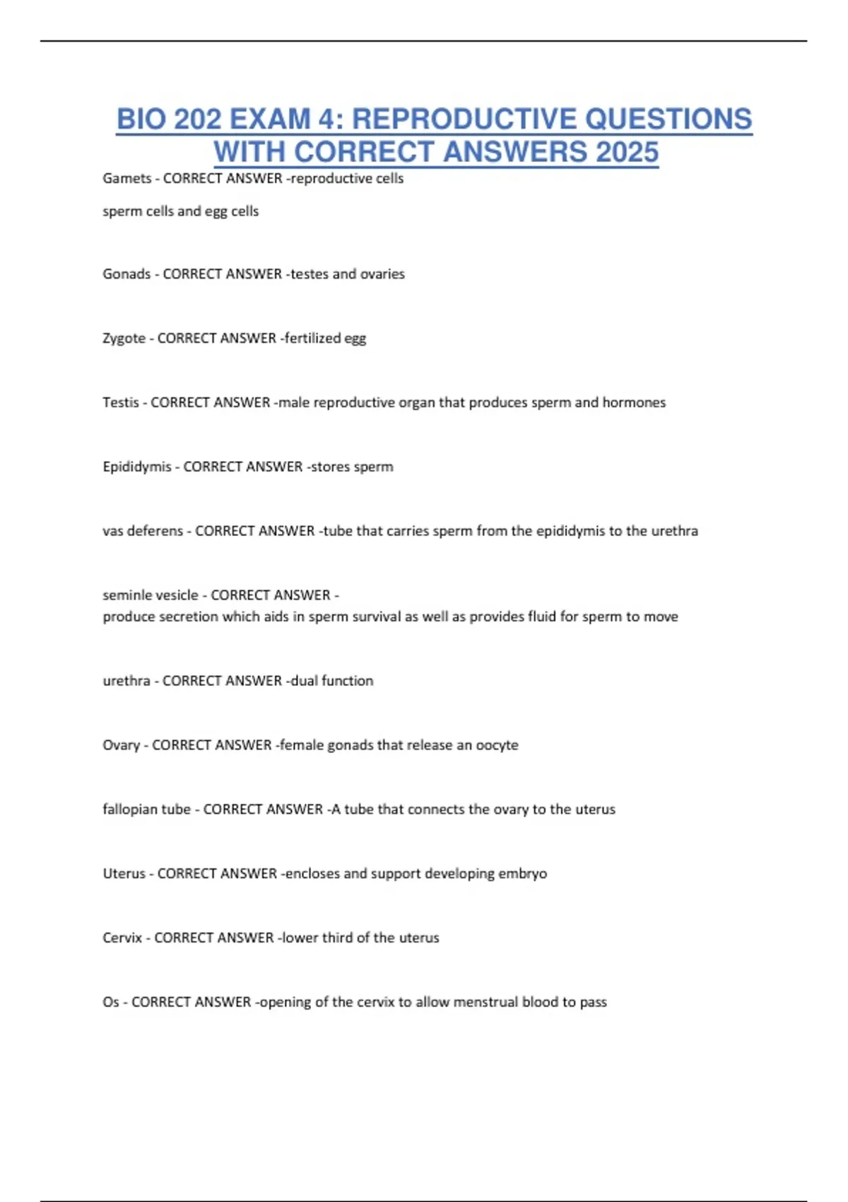 BIO 202 EXAM 4: REPRODUCTIVE QUESTIONS WITH CORRECT ANSWERS 2025 - BIO ...