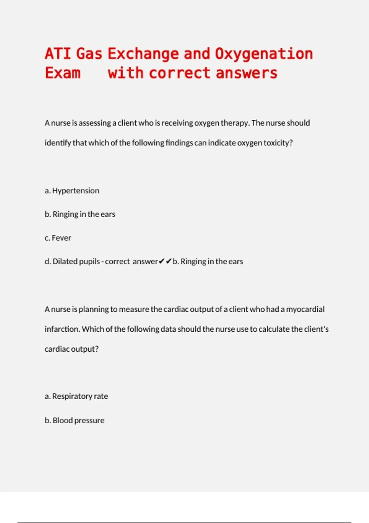 ATI Gas Exchange and Oxygenation Exam 4 with correct answers - Gas ...
