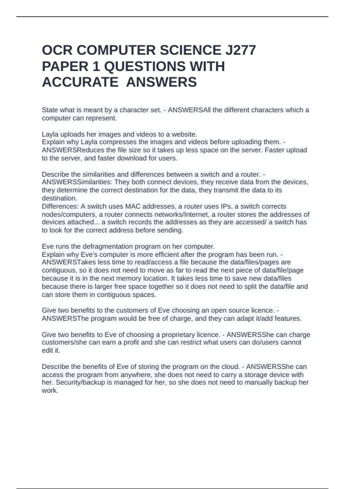 OCR COMPUTER SCIENCE J277 PAPER 1 QUESTIONS WITH ACCURATE ANSWERS - OCR ...