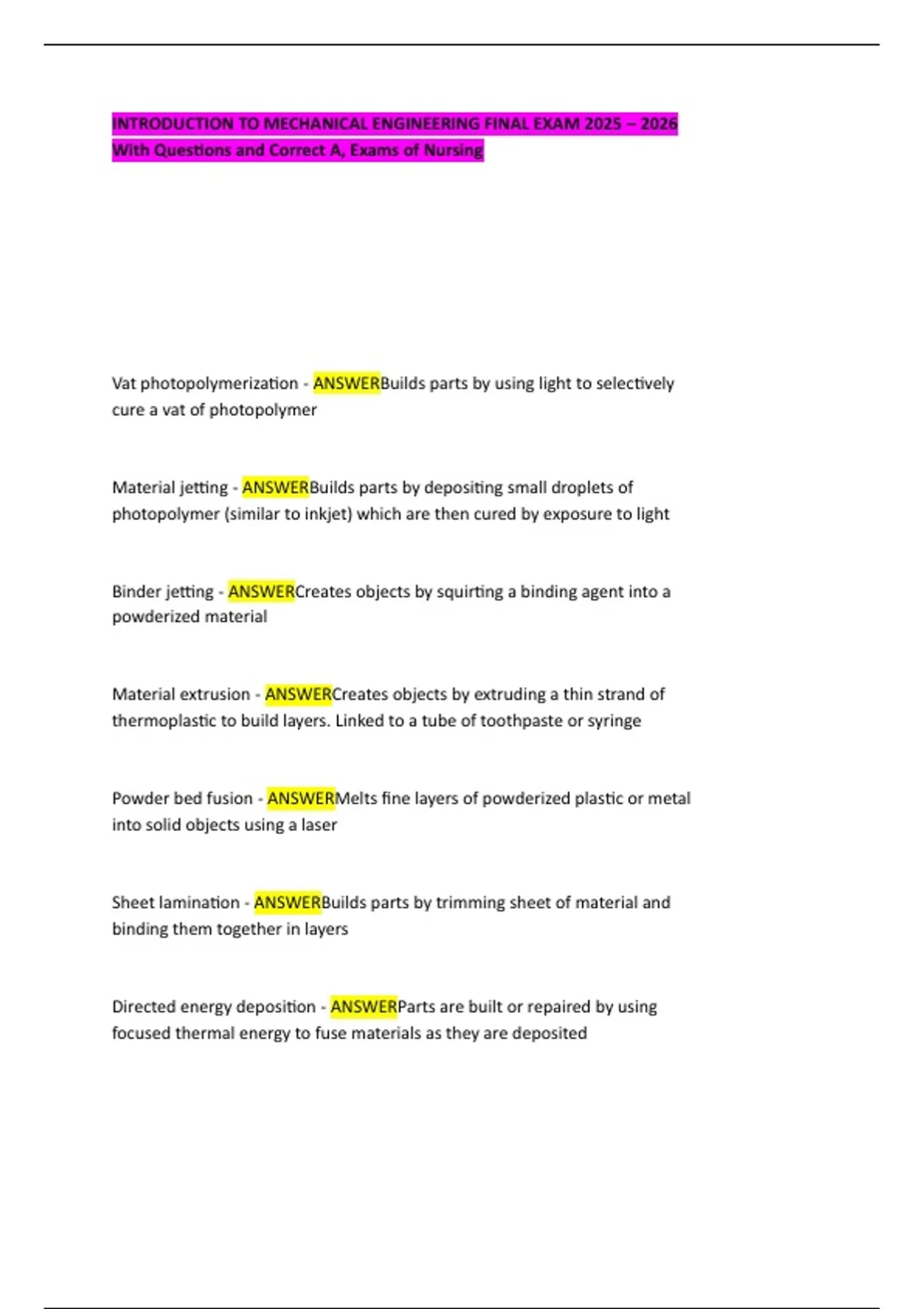 INTRODUCTION TO MECHANICAL ENGINEERING FINAL EXAM 2025 – 2026 With ...