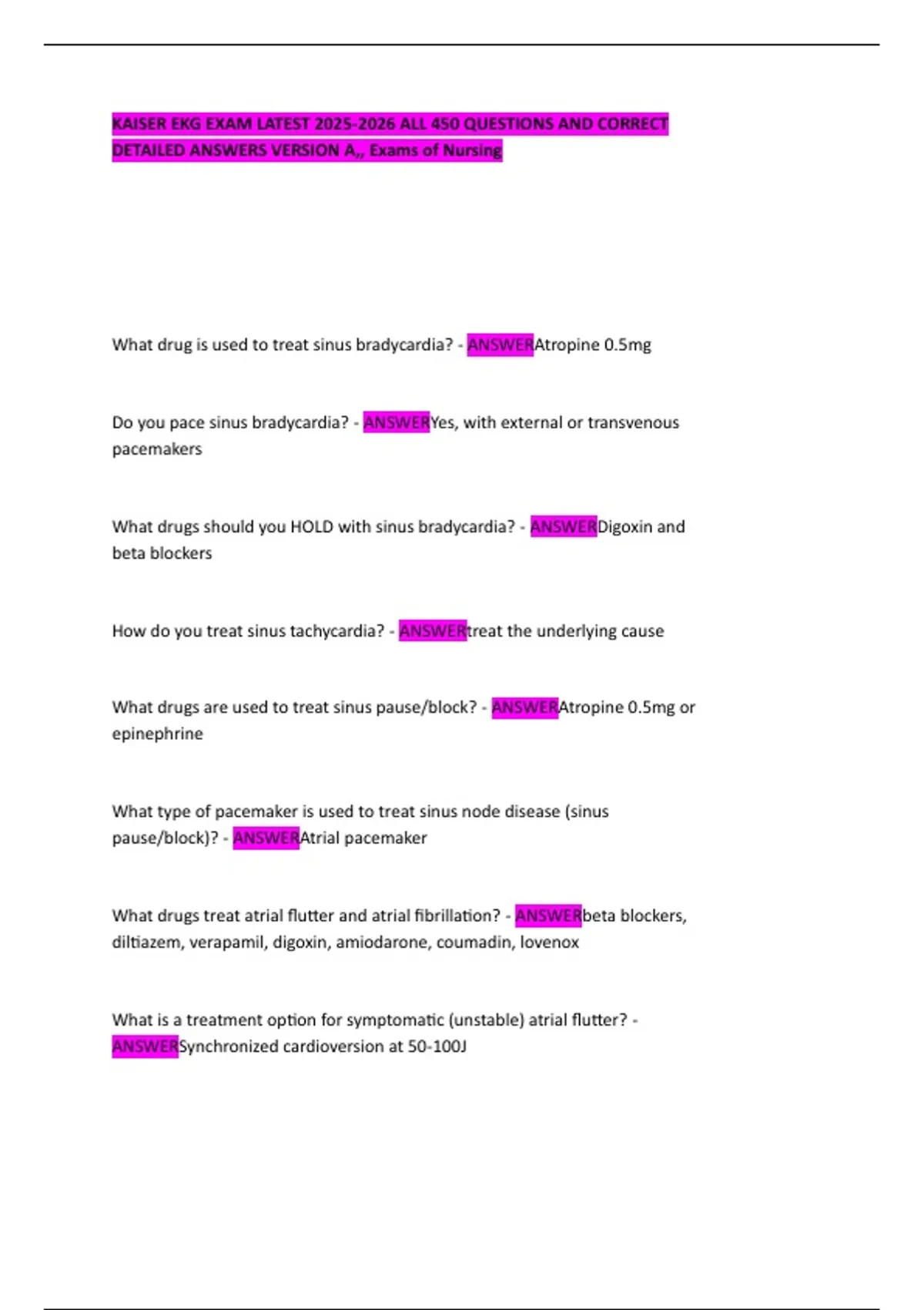 KAISER EKG EXAM LATEST ALL 450 QUESTIONS AND CORRECT DETAILED ANSWERS ...