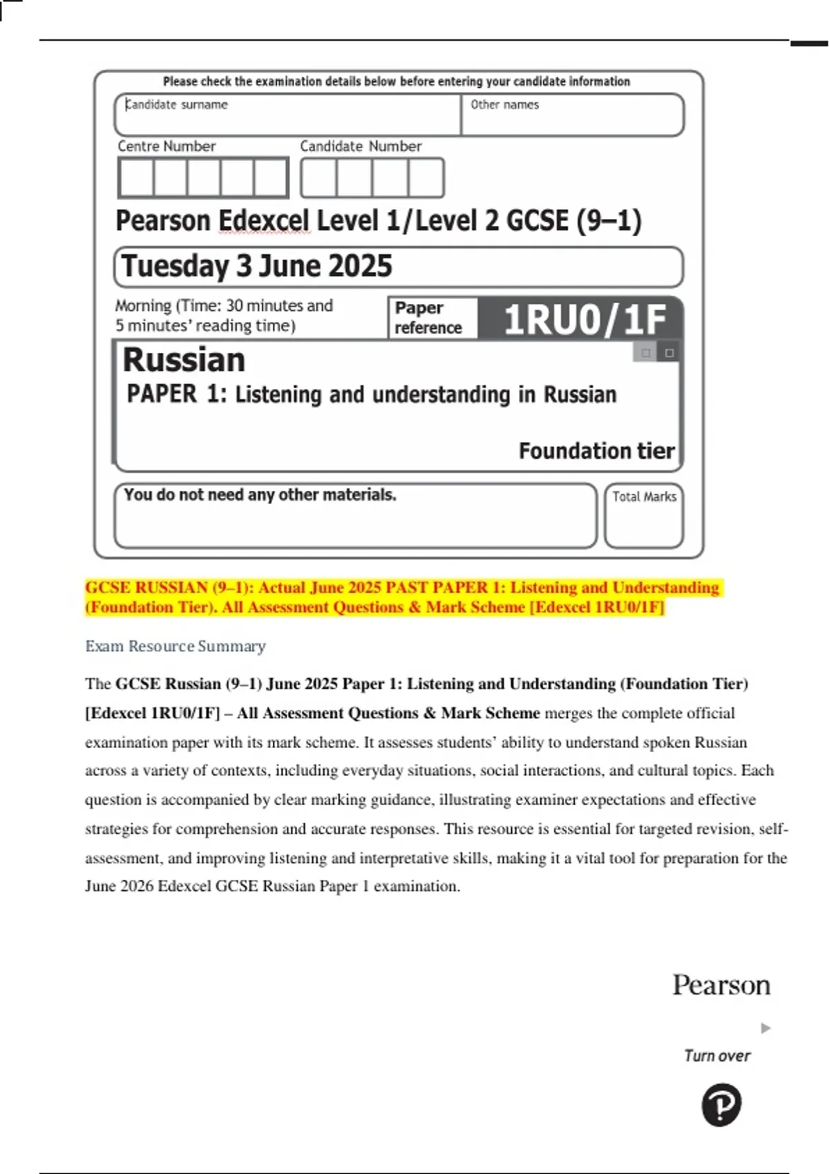 GCSE RUSSIAN (9–1): Actual June 2025 PAST PAPER 1: Listening and ...