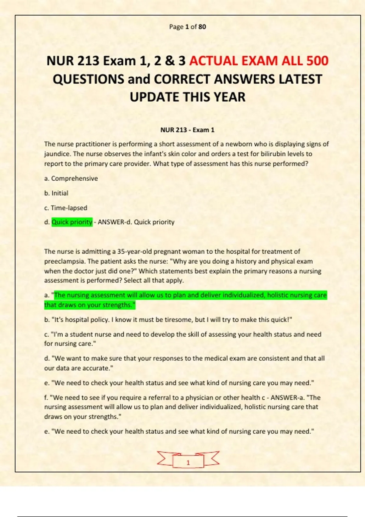 NUR 213 Exam 1, 2 & 3 ACTUAL EXAM ALL 500 QUESTIONS and CORRECT ANSWERS ...
