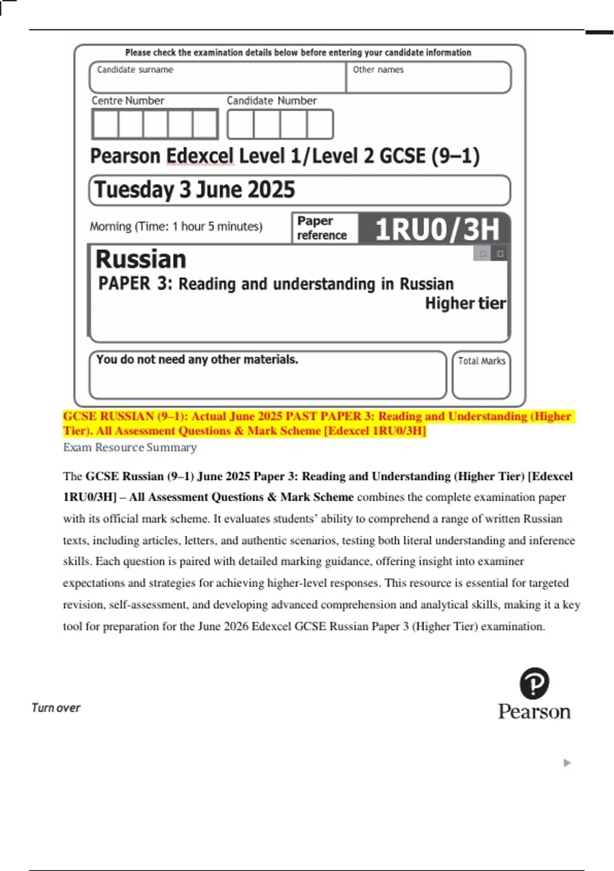 GCSE RUSSIAN (9–1): Actual June 2025 PAST PAPER 3: Reading and ...