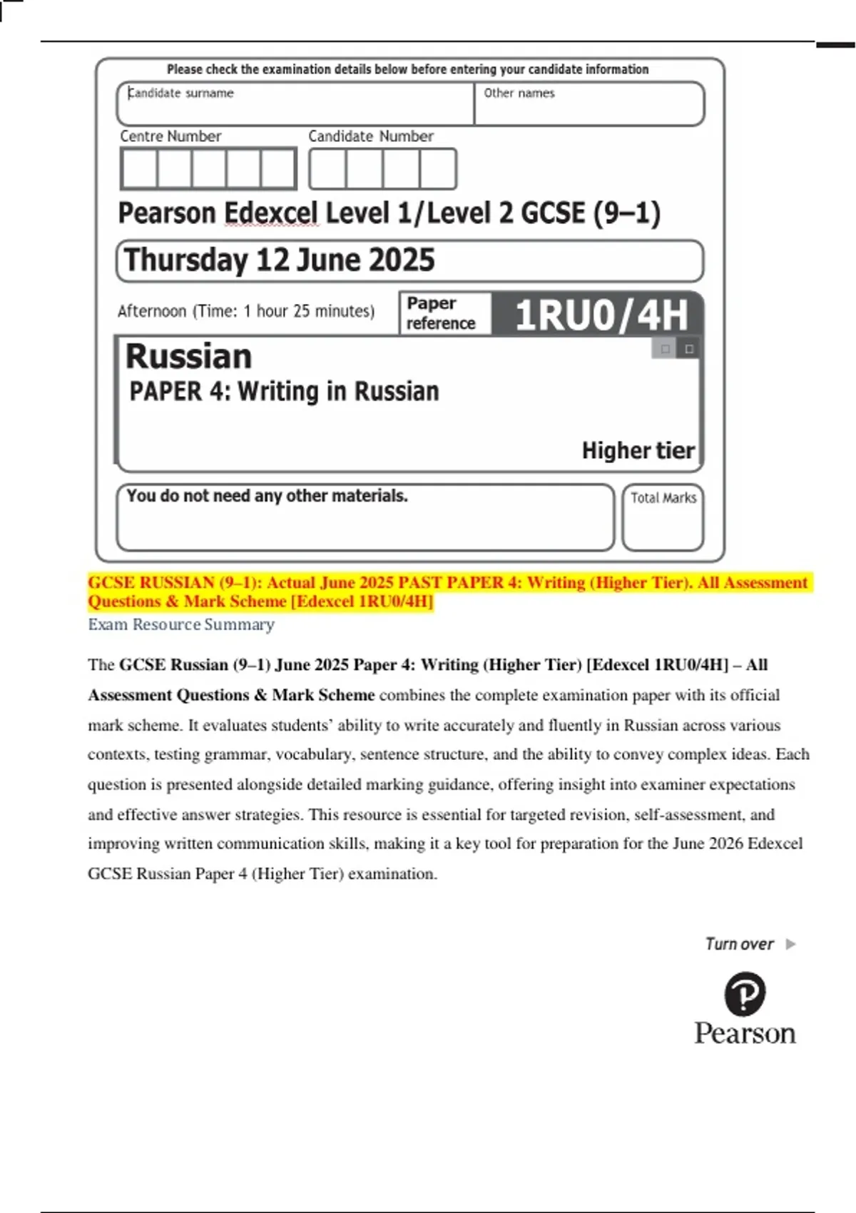 GCSE RUSSIAN (9–1): Actual June 2025 PAST PAPER 4: Writing (Higher Tier ...