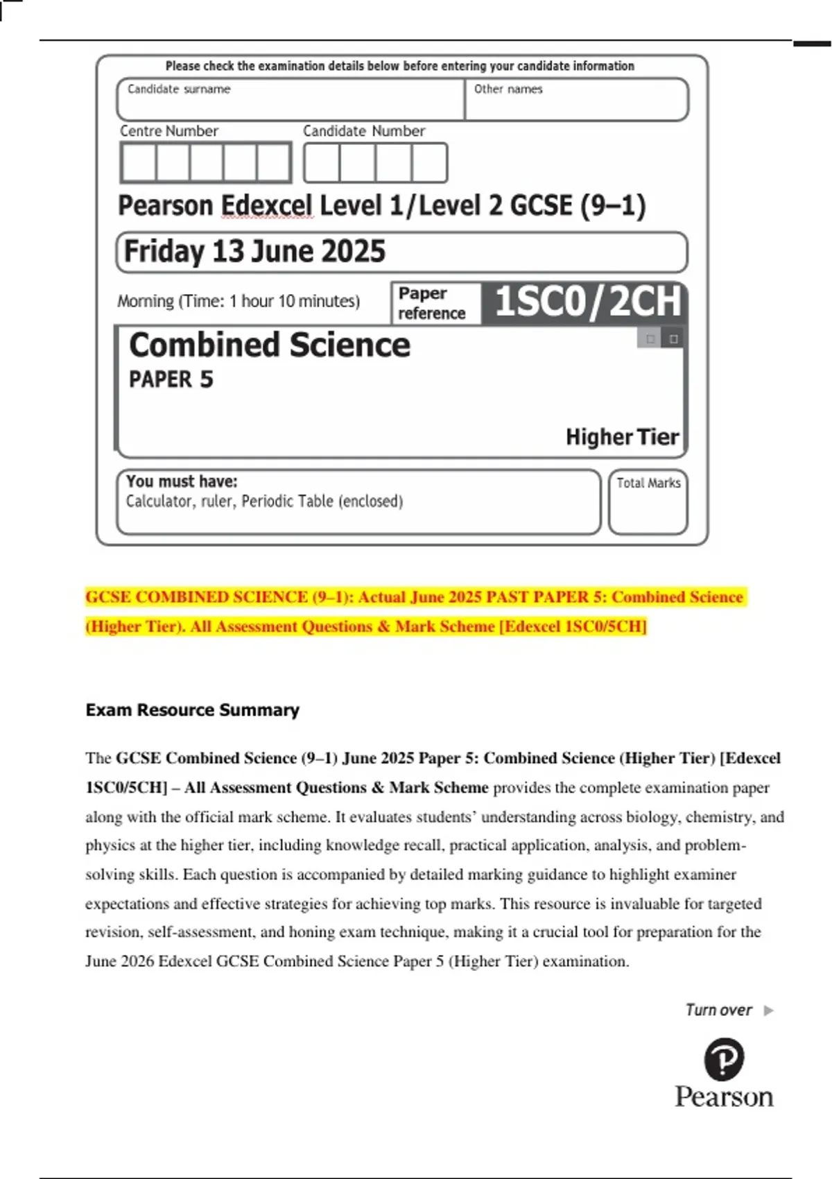 GCSE COMBINED SCIENCE (9–1): Actual June 2025 PAST PAPER 5: Combined ...