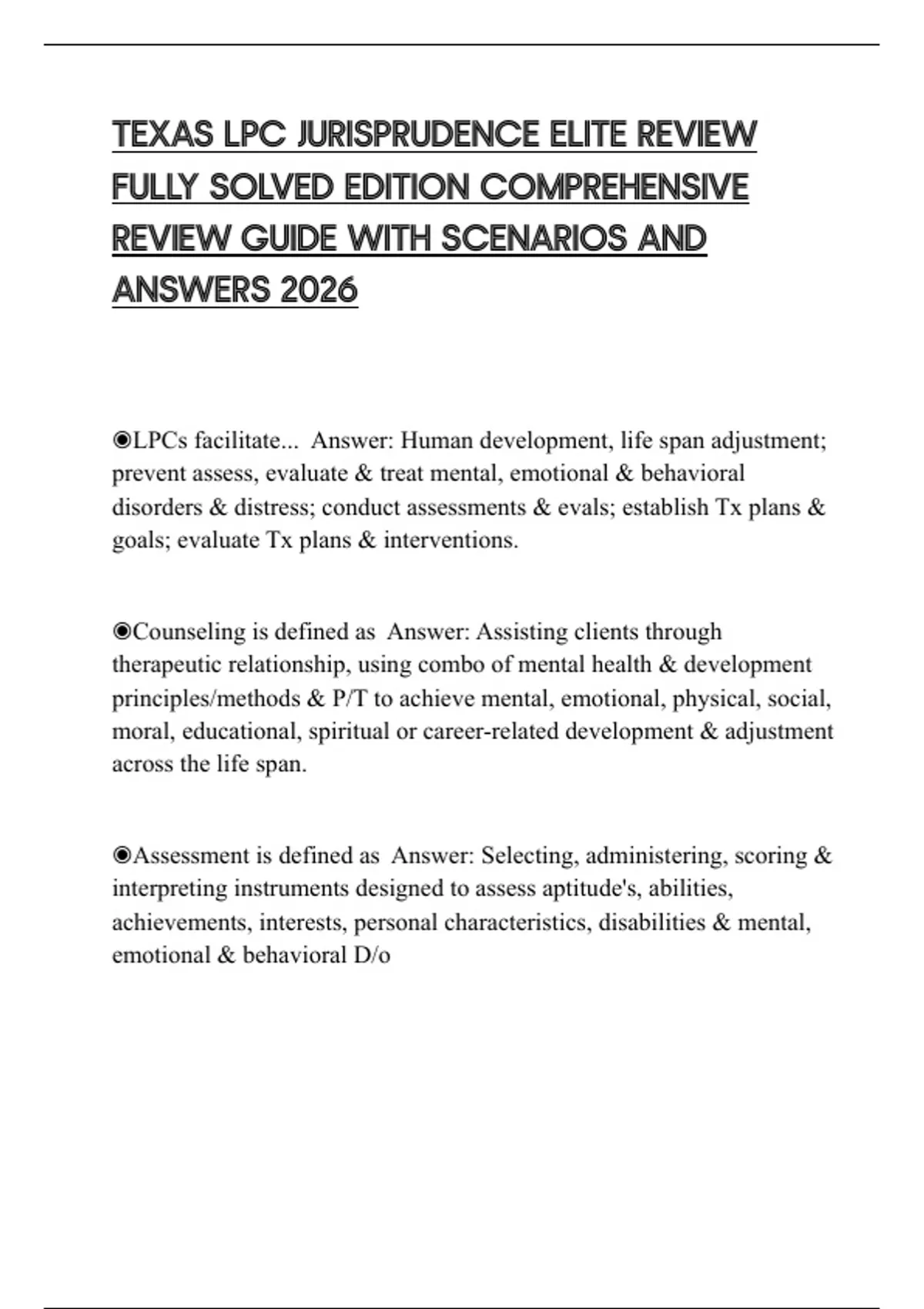 TEXAS LPC JURISPRUDENCE ELITE REVIEW FULLY SOLVED EDITION COMPREHENSIVE ...