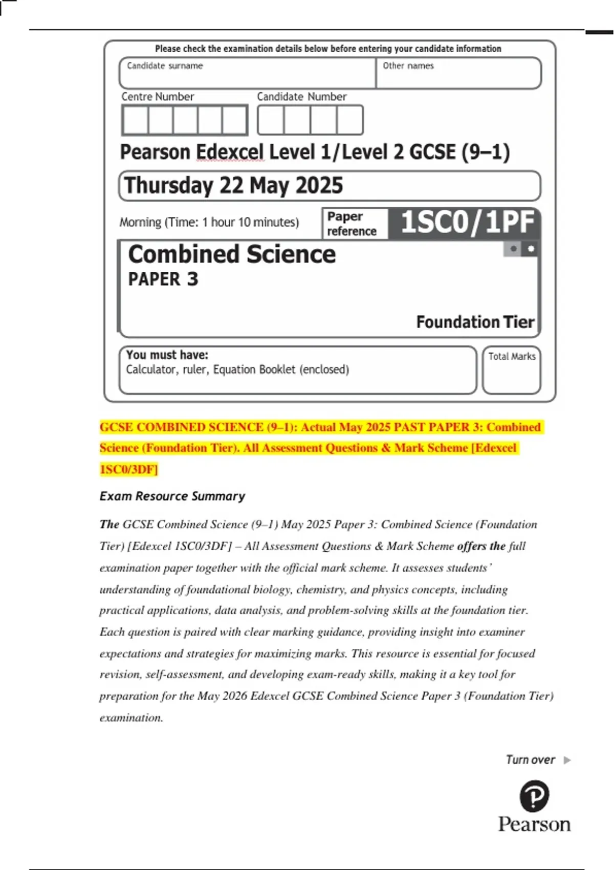 GCSE COMBINED SCIENCE (9–1): Actual May 2025 PAST PAPER 3: Combined ...