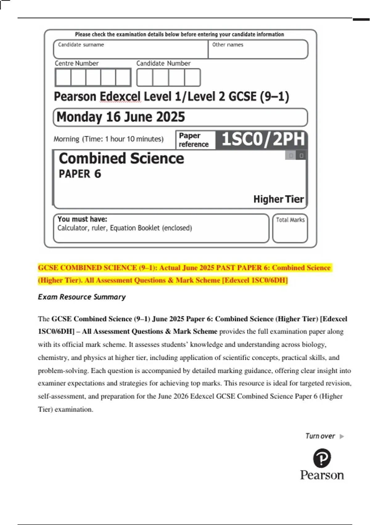 GCSE COMBINED SCIENCE (9–1): Actual June 2025 PAST PAPER 6: Combined ...