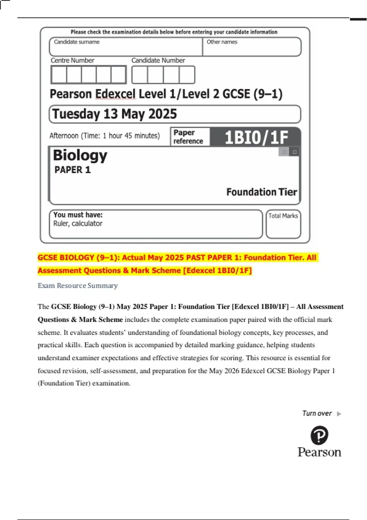 GCSE BIOLOGY (9–1): Actual May 2025 PAST PAPER 1: Foundation Tier. All ...