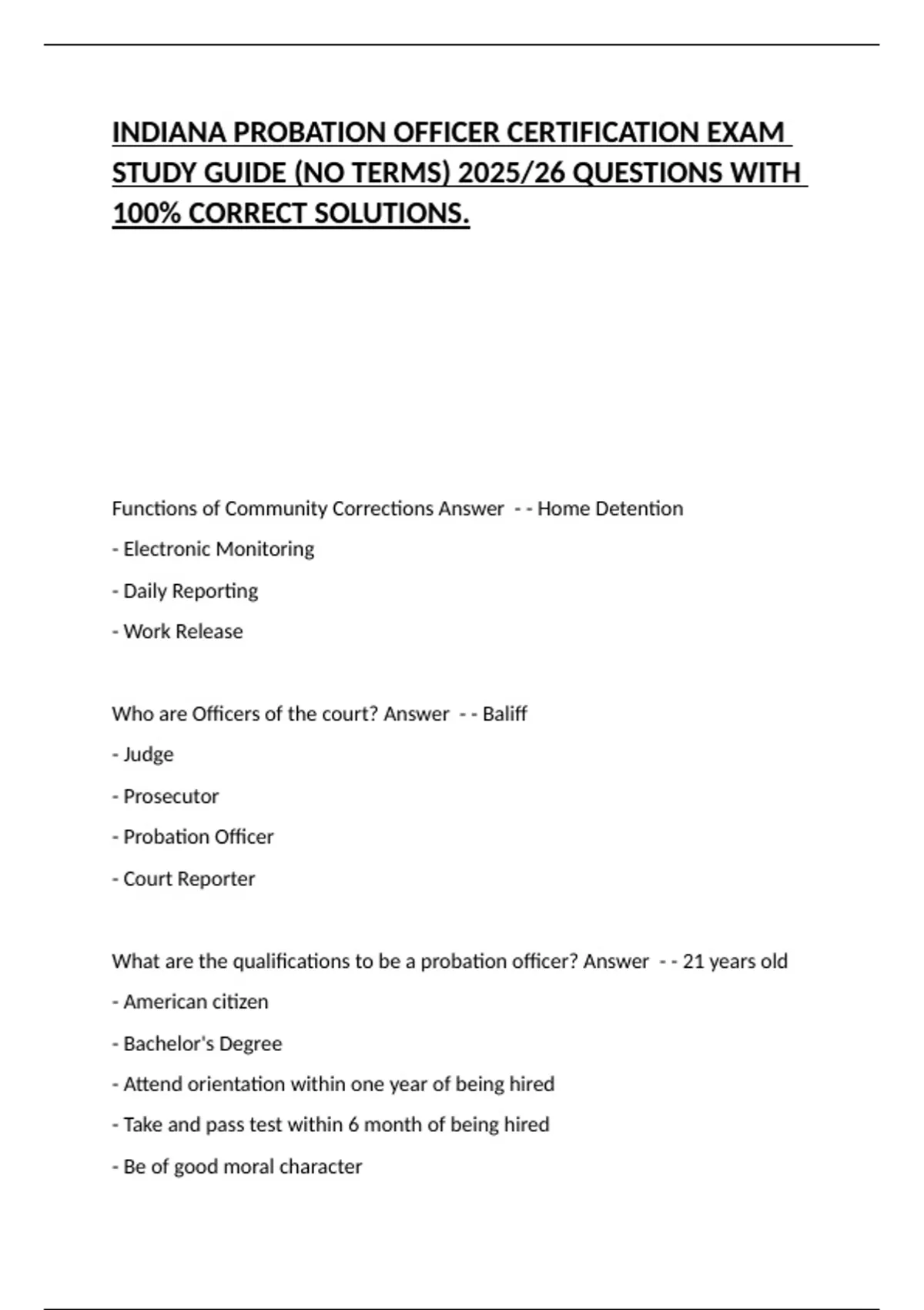 INDIANA PROBATION OFFICER CERTIFICATION EXAM STUDY GUIDE (NO TERMS ...