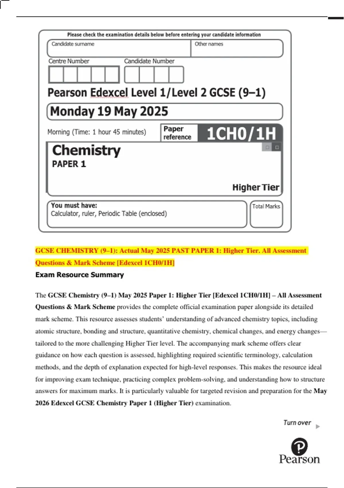 GCSE CHEMISTRY (9–1): Actual May 2025 PAST PAPER 1: Higher Tier. All ...