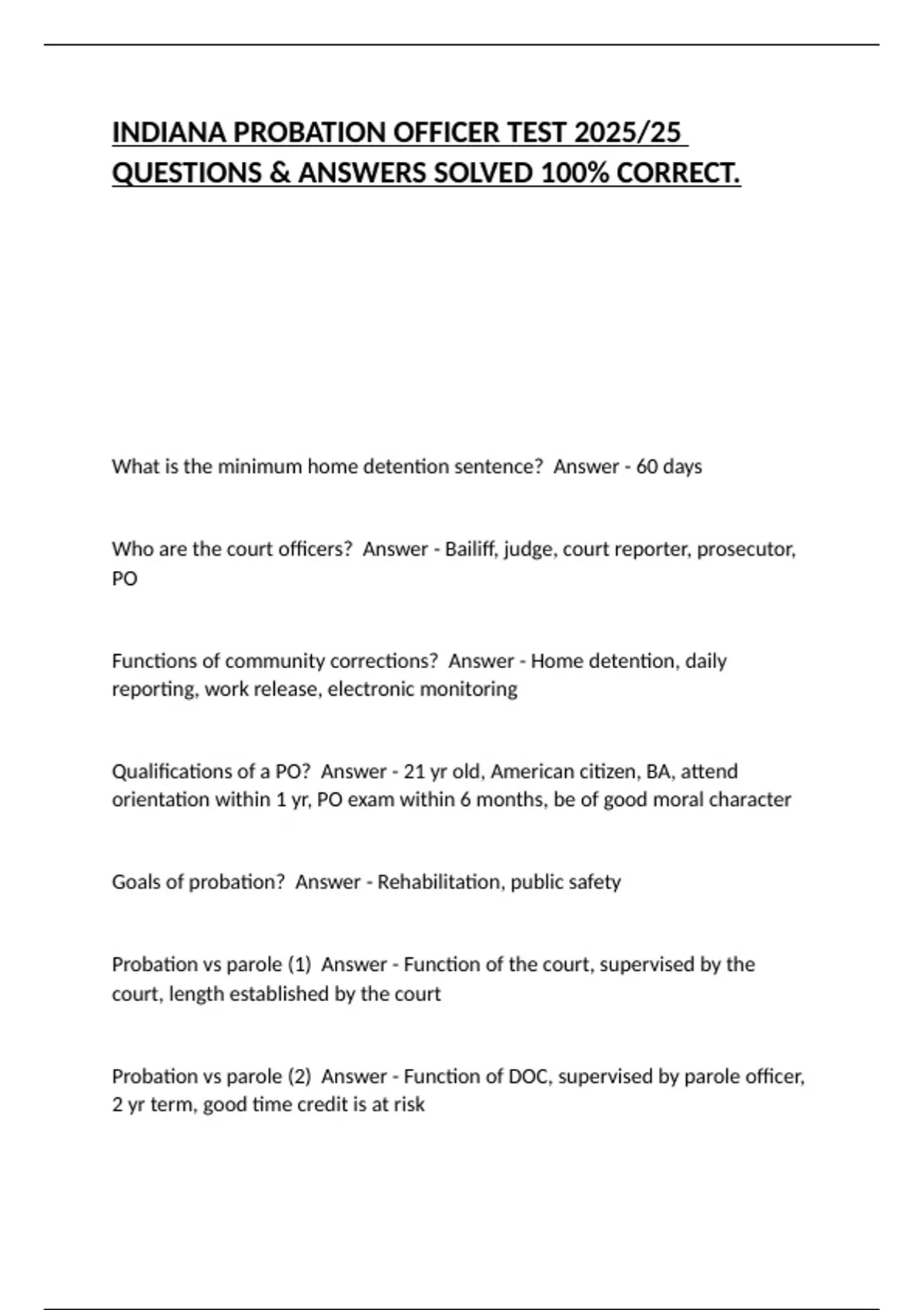 INDIANA PROBATION OFFICER TEST 2025/25 QUESTIONS & ANSWERS SOLVED 100% ...