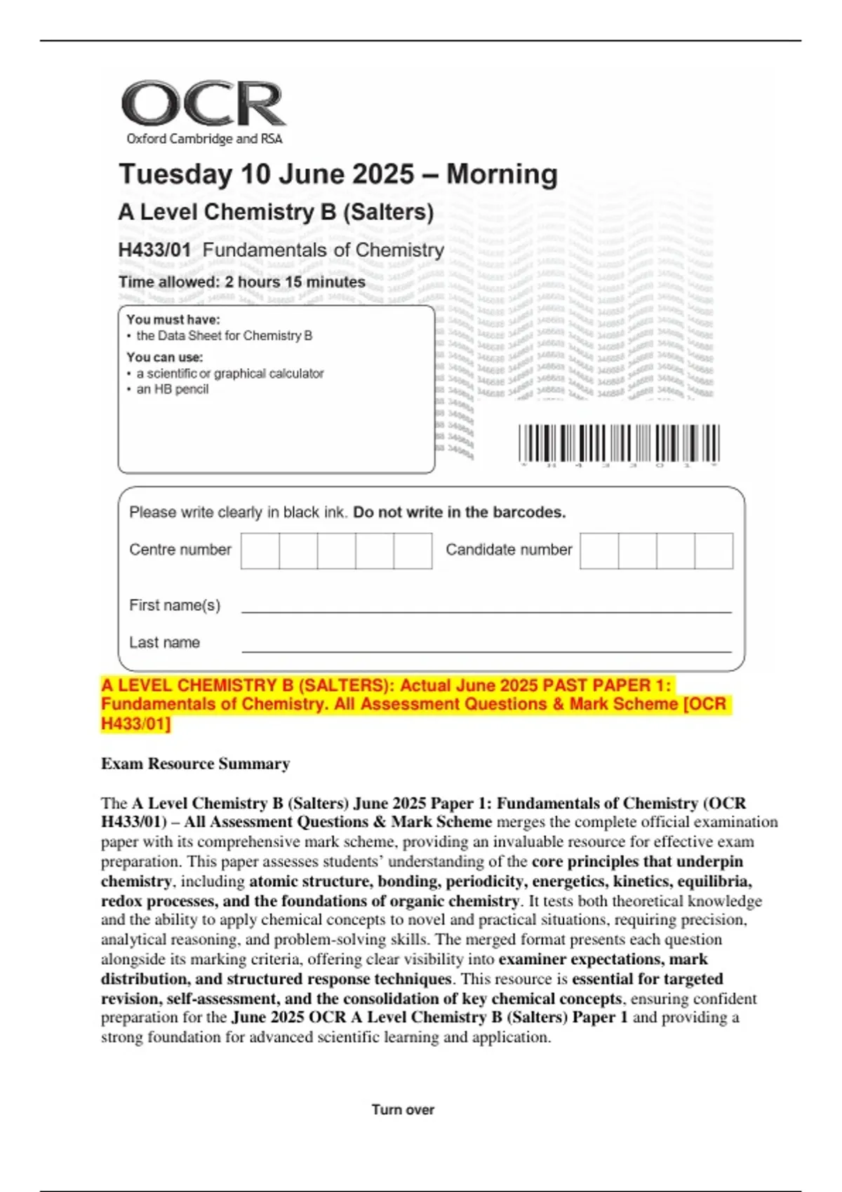 A LEVEL CHEMISTRY B (SALTERS): Actual June 2025 PAST PAPER 1 ...