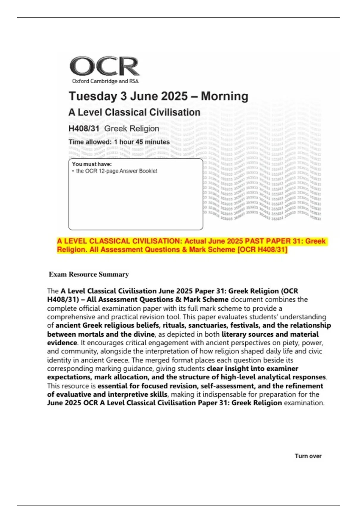 A LEVEL CLASSICAL CIVILISATION: Actual June 2025 PAST PAPER 31: Greek ...