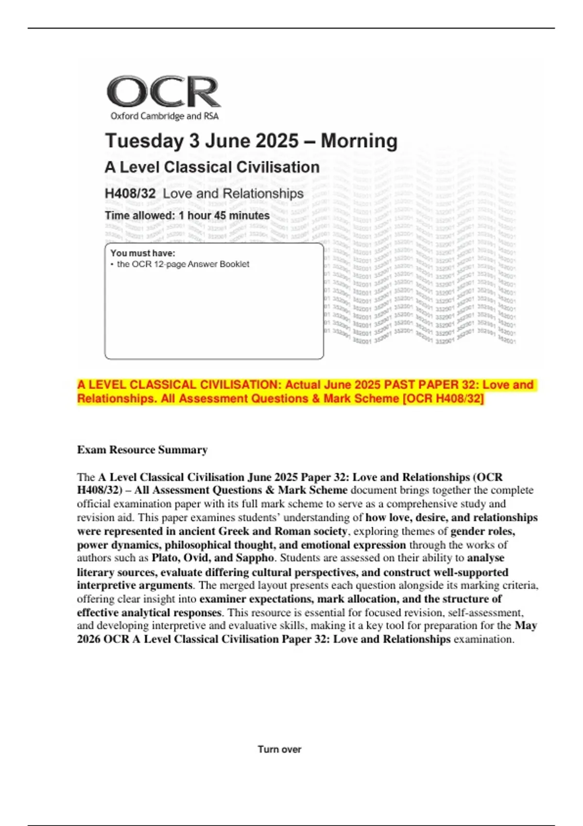 A LEVEL CLASSICAL CIVILISATION: Actual June 2025 PAST PAPER 32: Love ...