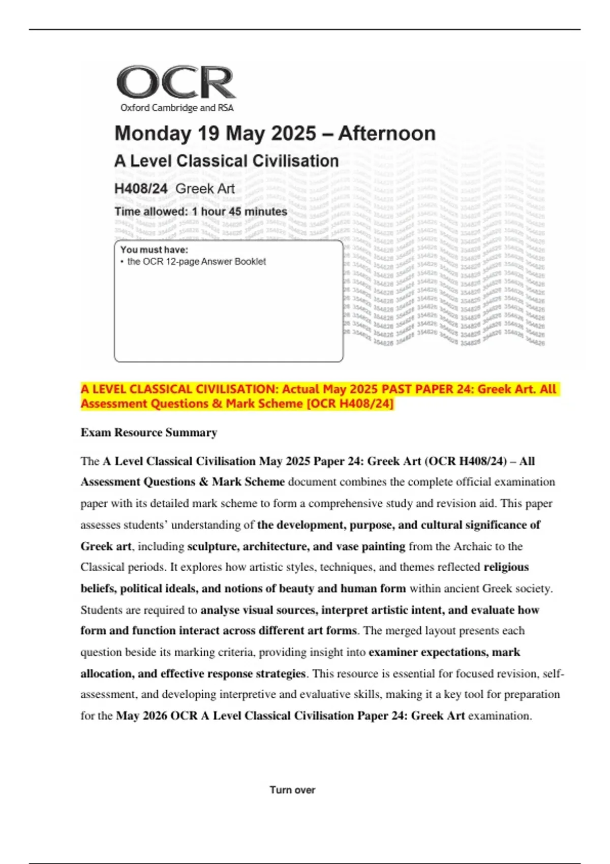 A LEVEL CLASSICAL CIVILISATION: Actual May 2025 PAST PAPER 24: Greek ...