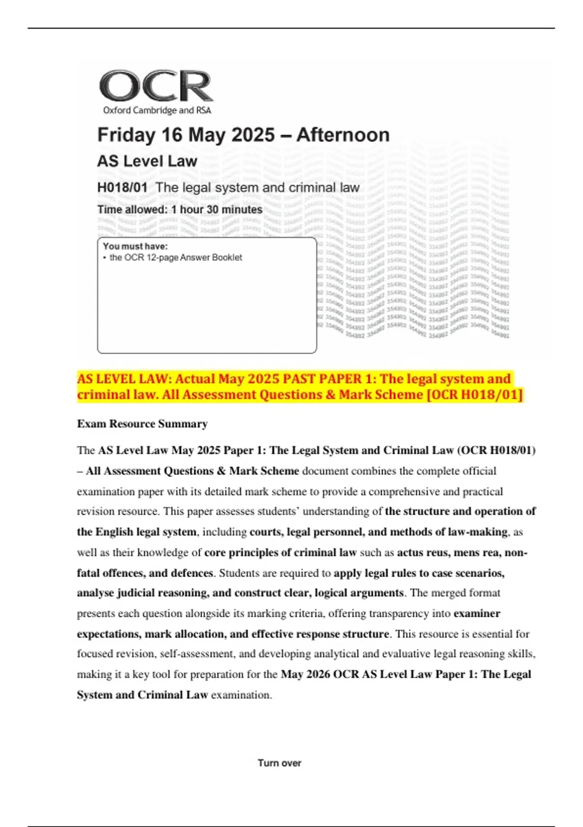 AS LEVEL LAW: Actual May 2025 PAST PAPER 1: The legal system and ...
