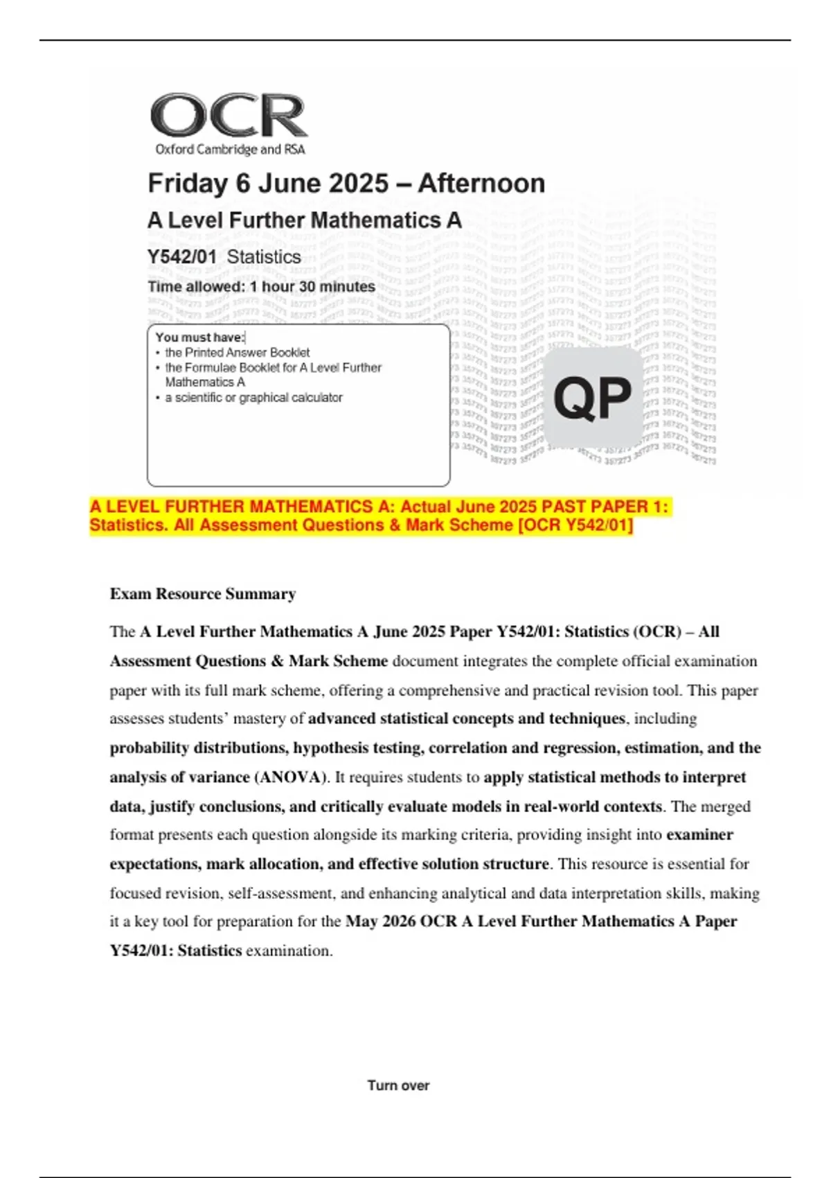 June 2025 OCR A-Level Further Mathematics A (Y540) | Combined Question ...