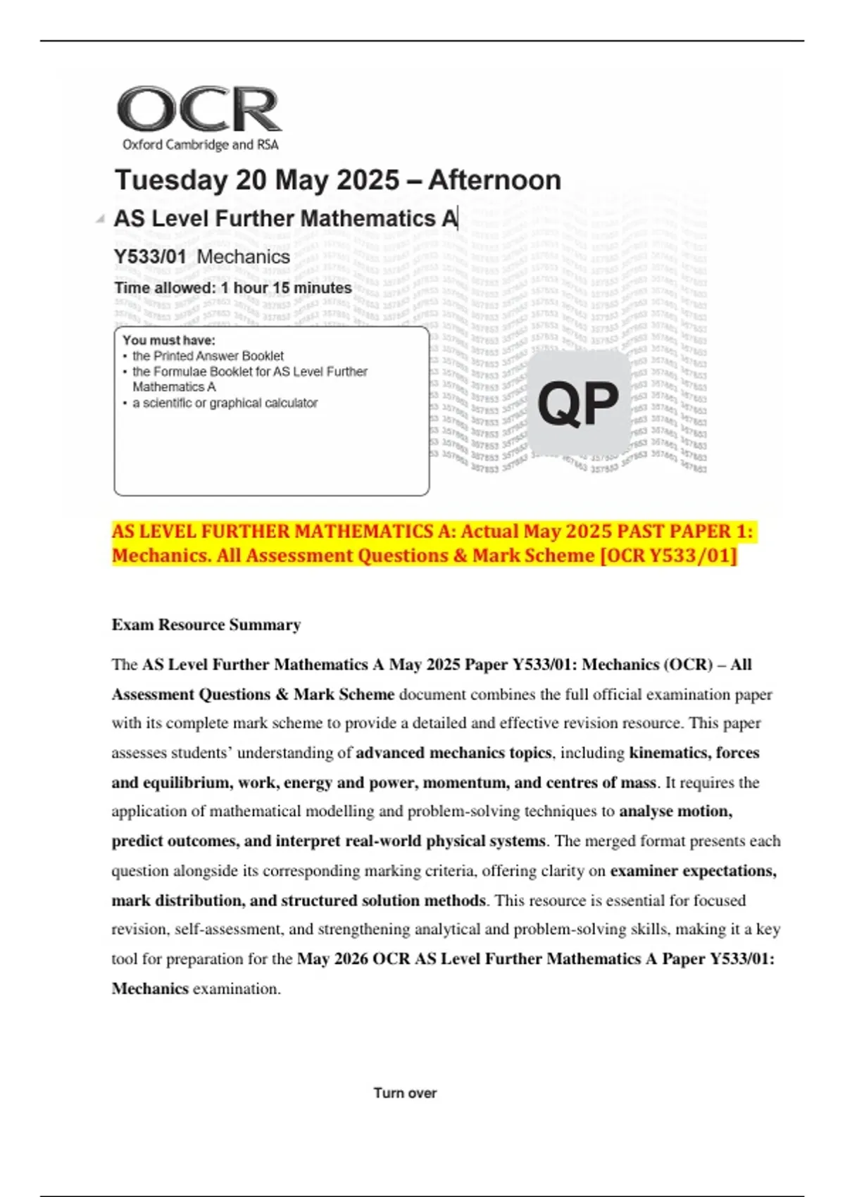 AS LEVEL FURTHER MATHEMATICS A: Actual May 2025 PAST PAPER 1: Mechanics ...