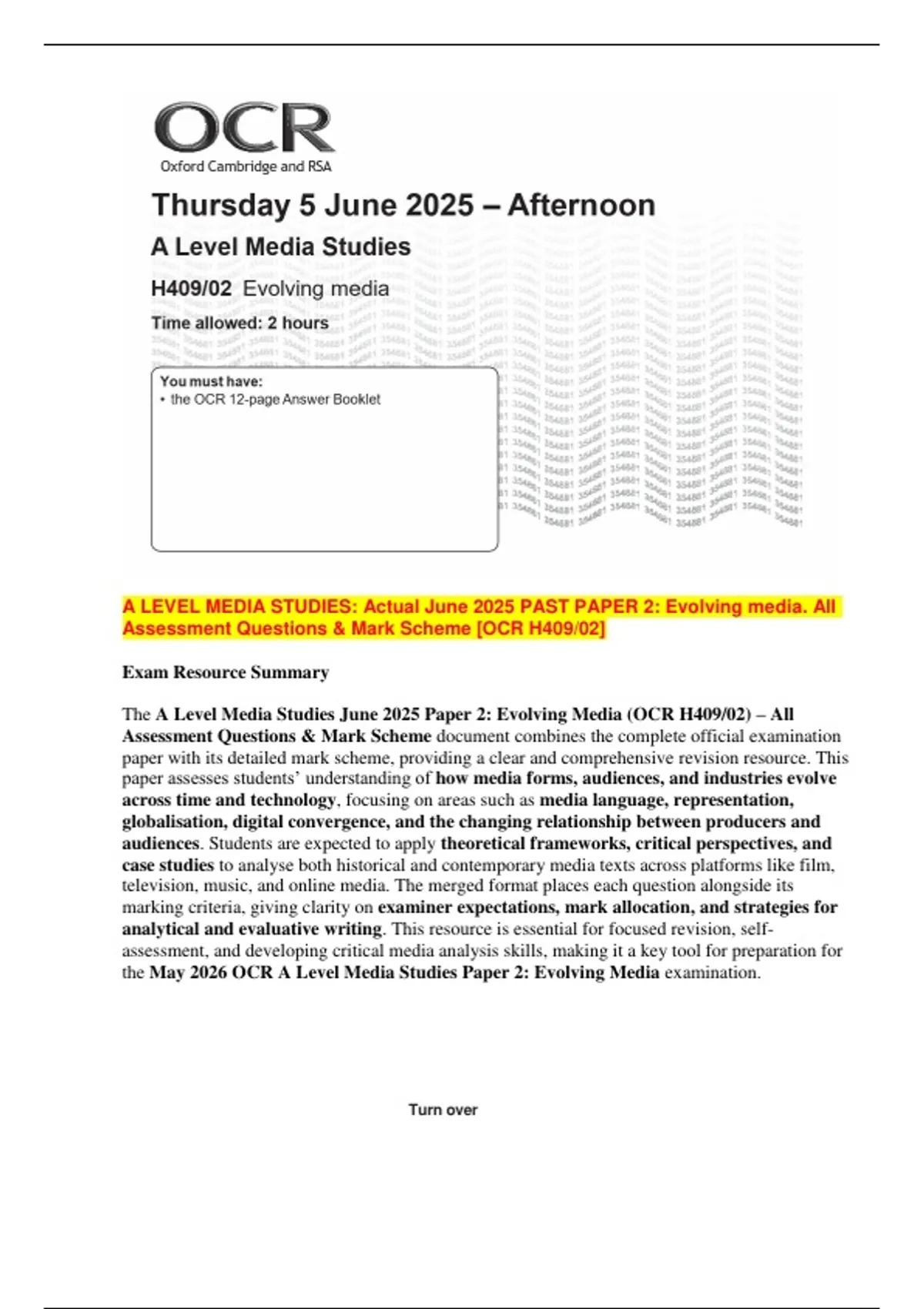 May–June 2025 OCR A-Level Media Studies (H409) | Paper 1 & Paper 2 ...