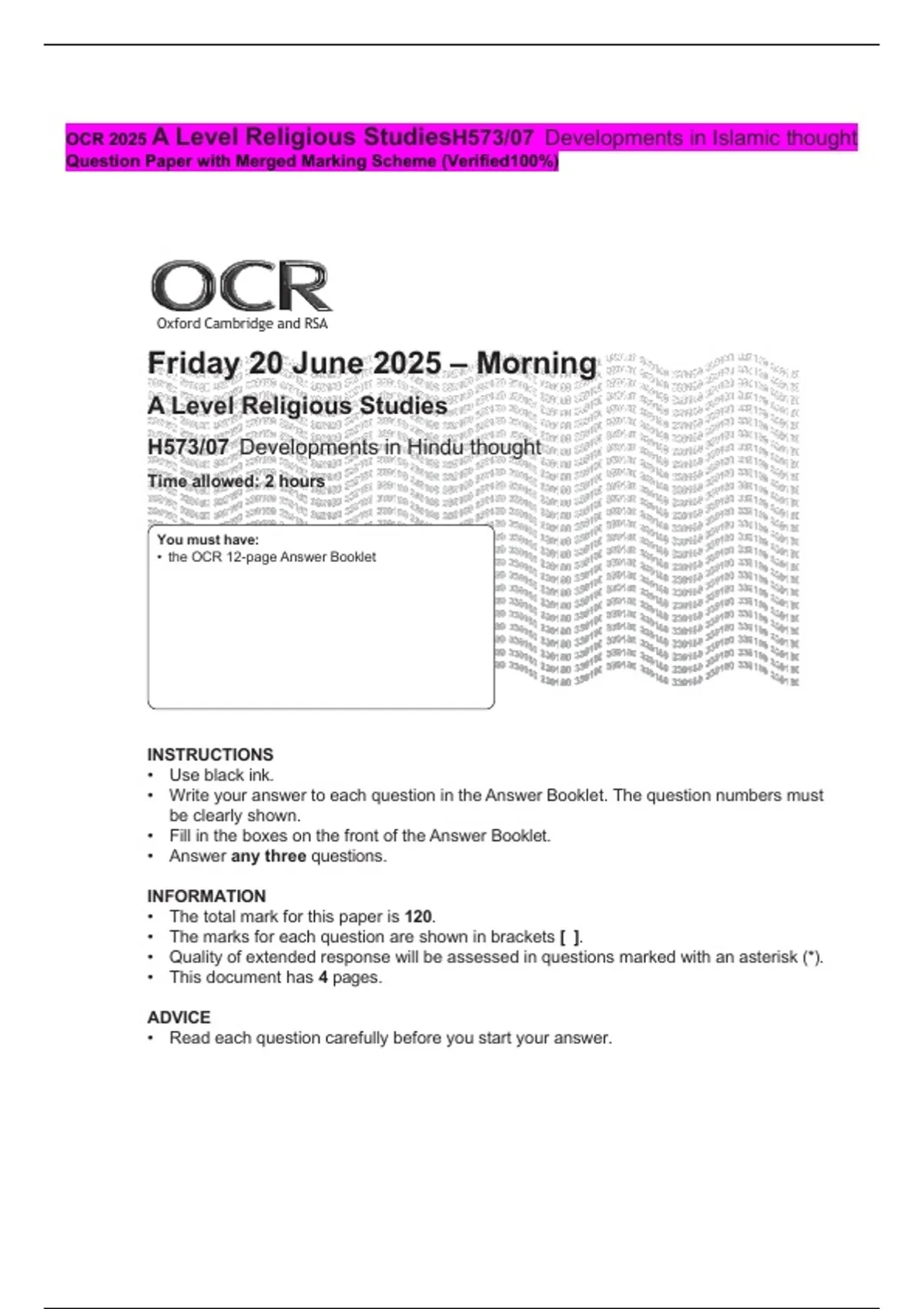 OCR 2025 A Level Religious StudiesH573/07 Developments in Islamic ...