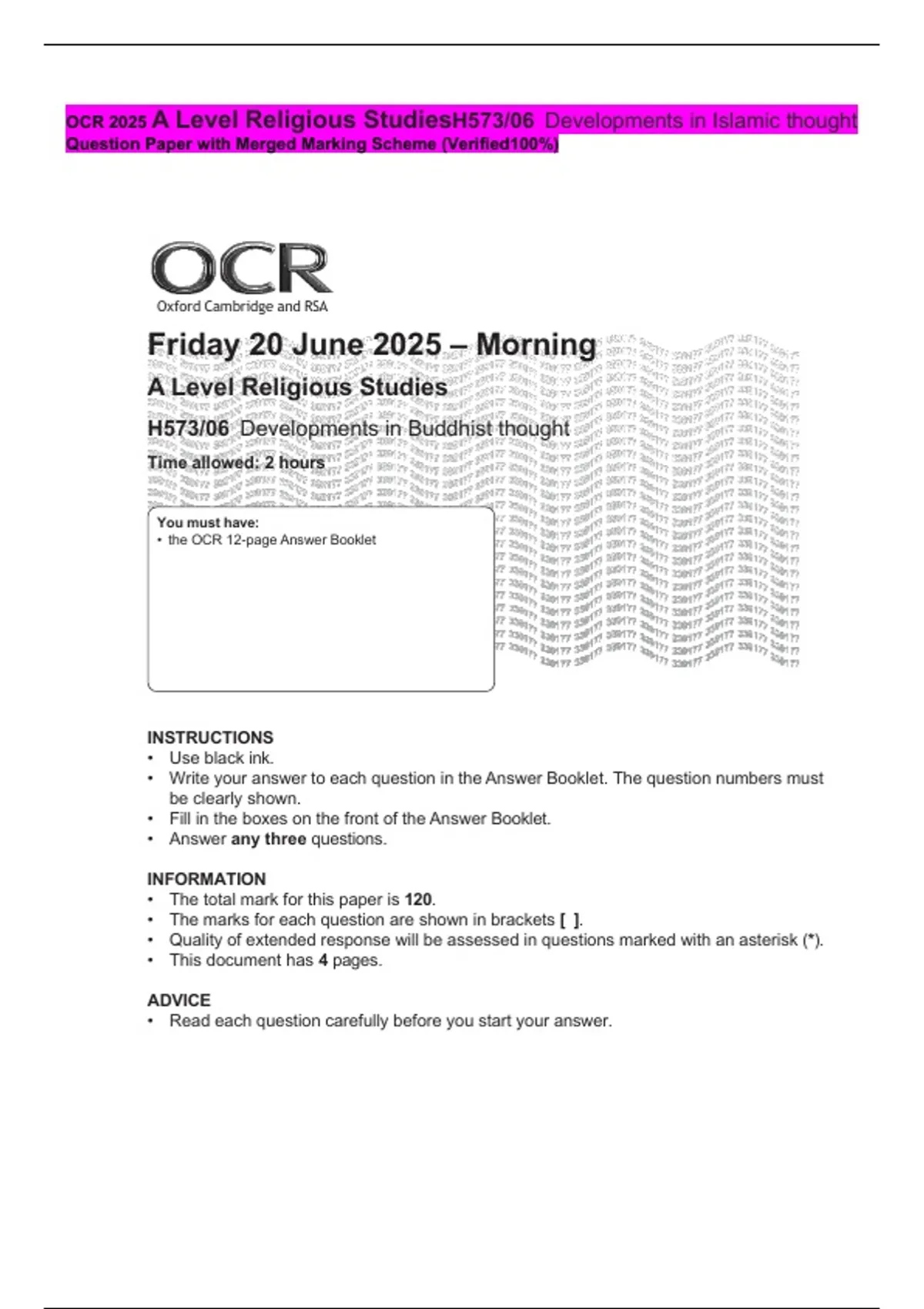 OCR 2025 A Level Religious StudiesH573/06 Developments in Islamic ...